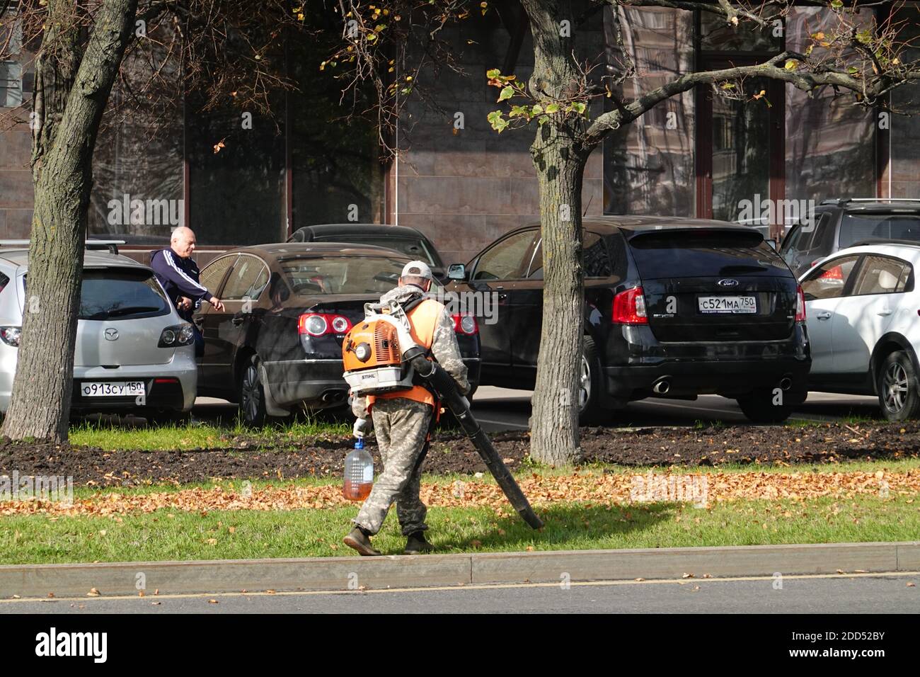 Worker gathering autumn leaves, on the street Stock Photo - Alamy