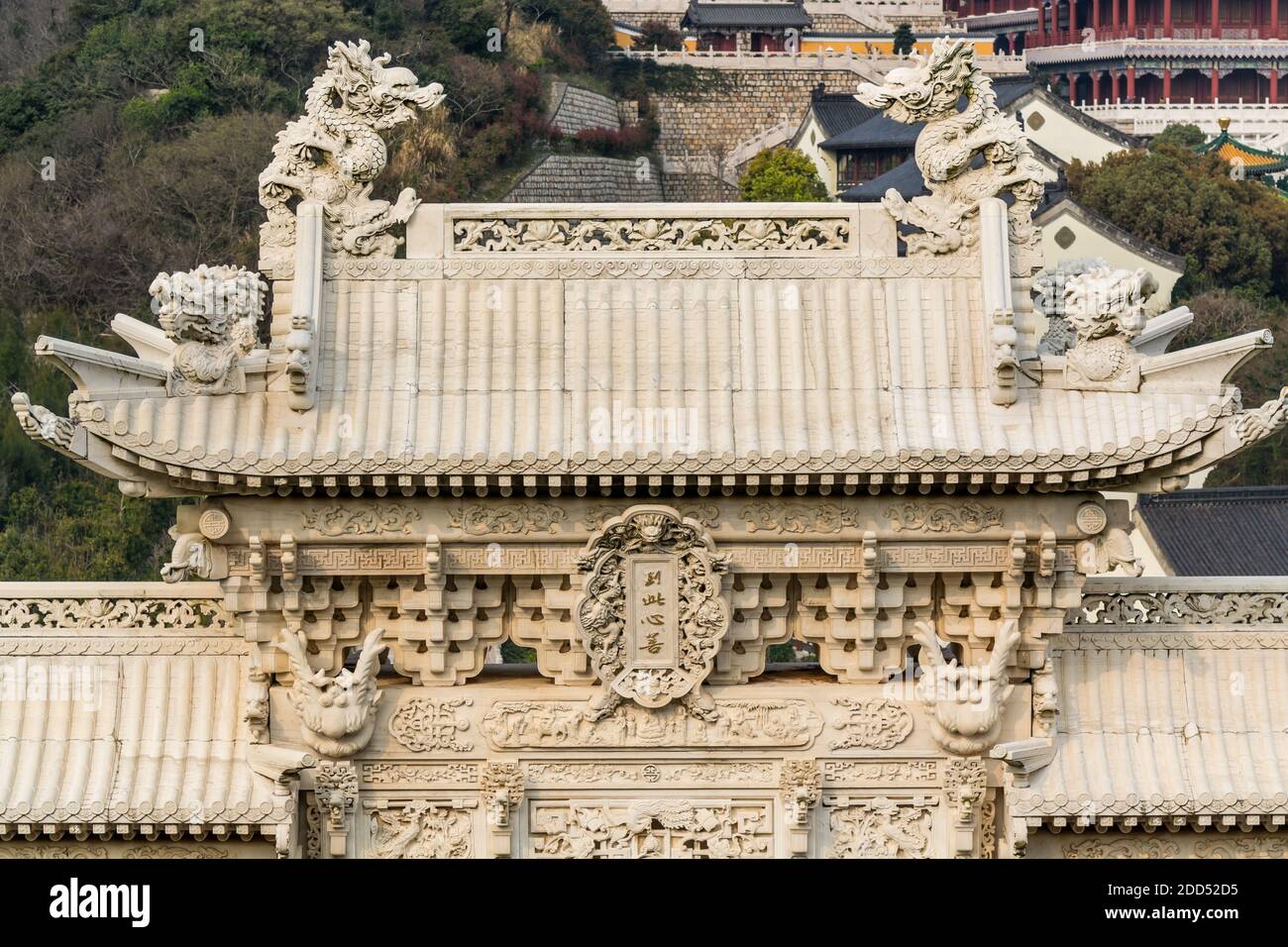 A Chinese traditional gate of Buddha tower in the Putuoshan, Zhoushan ...