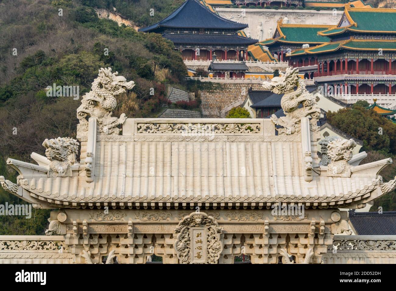 A Chinese traditional gate of Buddha tower in the Putuoshan, Zhoushan ...