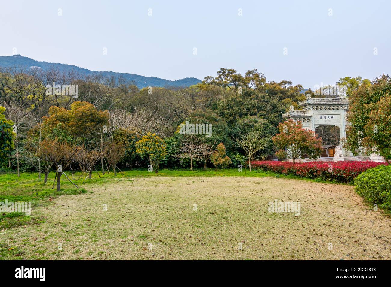 A Chinese traditional park and gate of Buddhist Fayu temple in ...