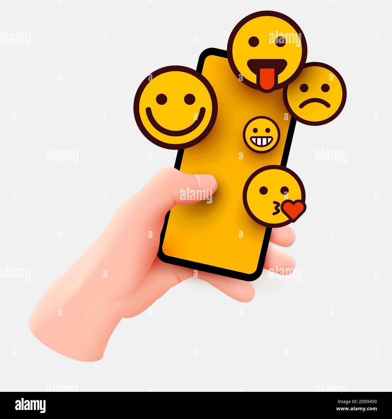 Hand holding phone emoticons. Chatting with friends and sending new ...