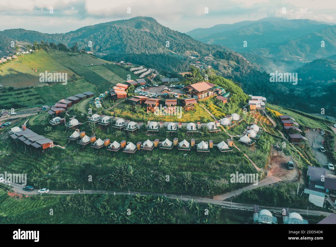 Aerial view of camping grounds and tents on Doi Mon Cham mountain in ...