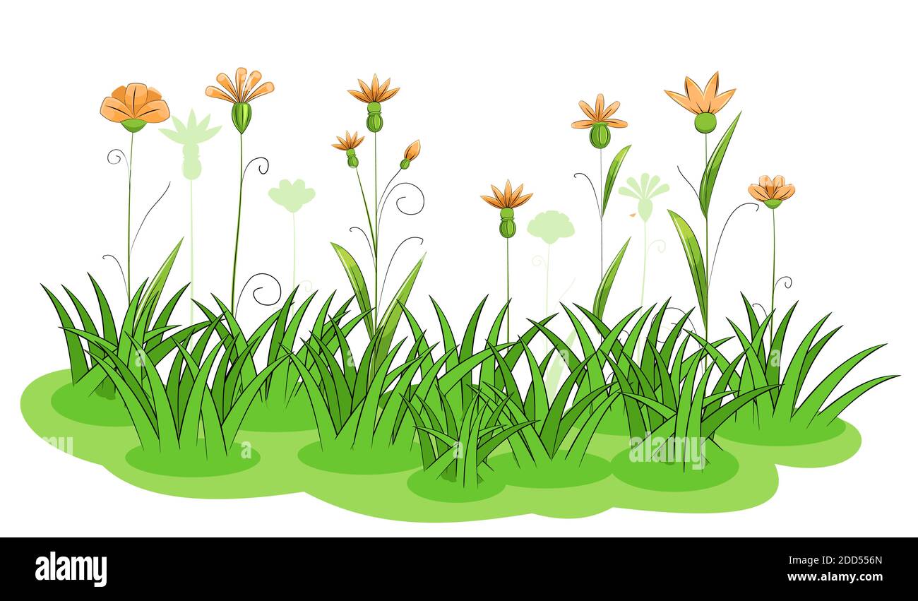 Blooming meadow with grass and flowers. Cartoon just style. Isolated on ...