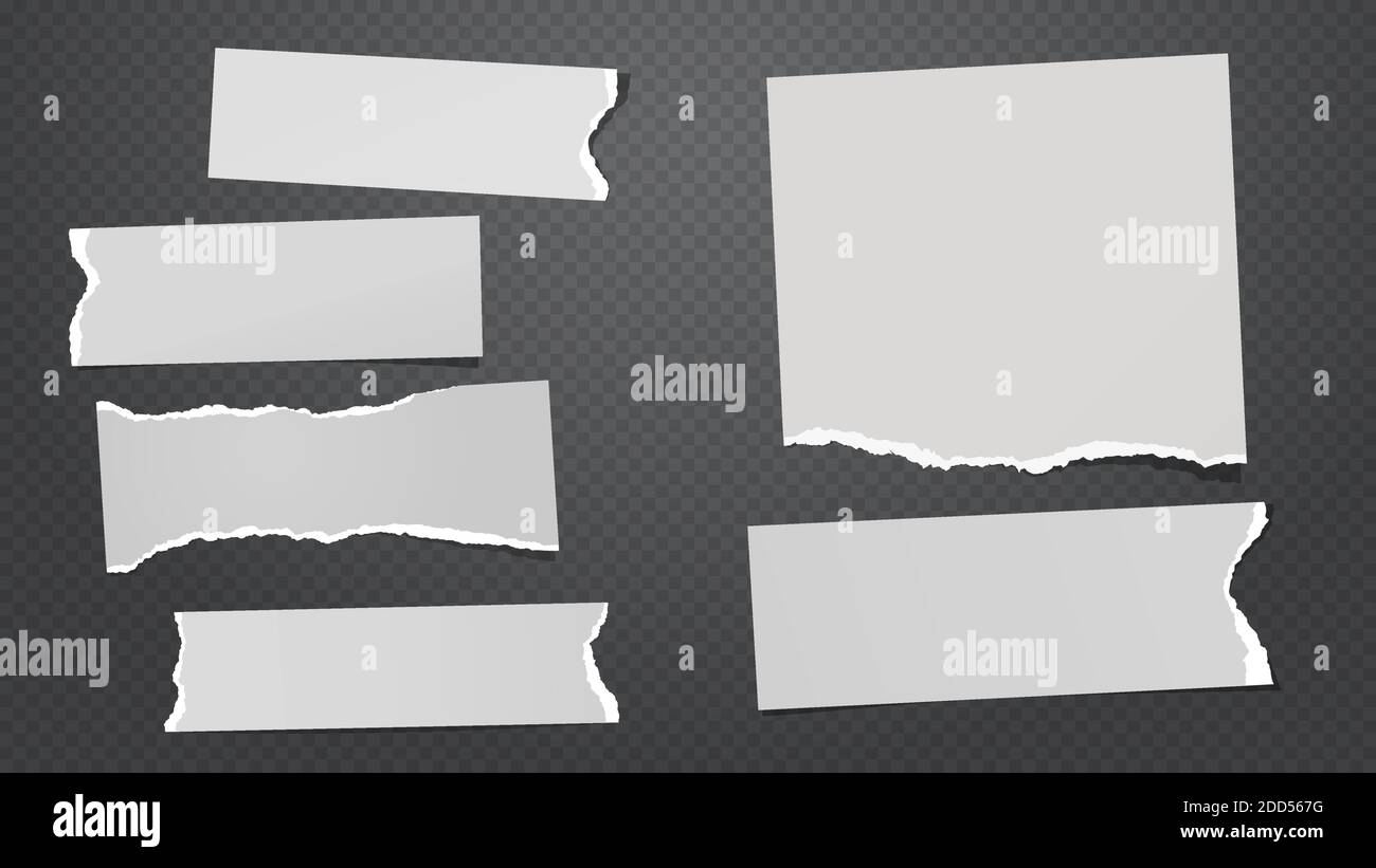 Set of torn white note, notebook paper pieces stuck on black squared ...