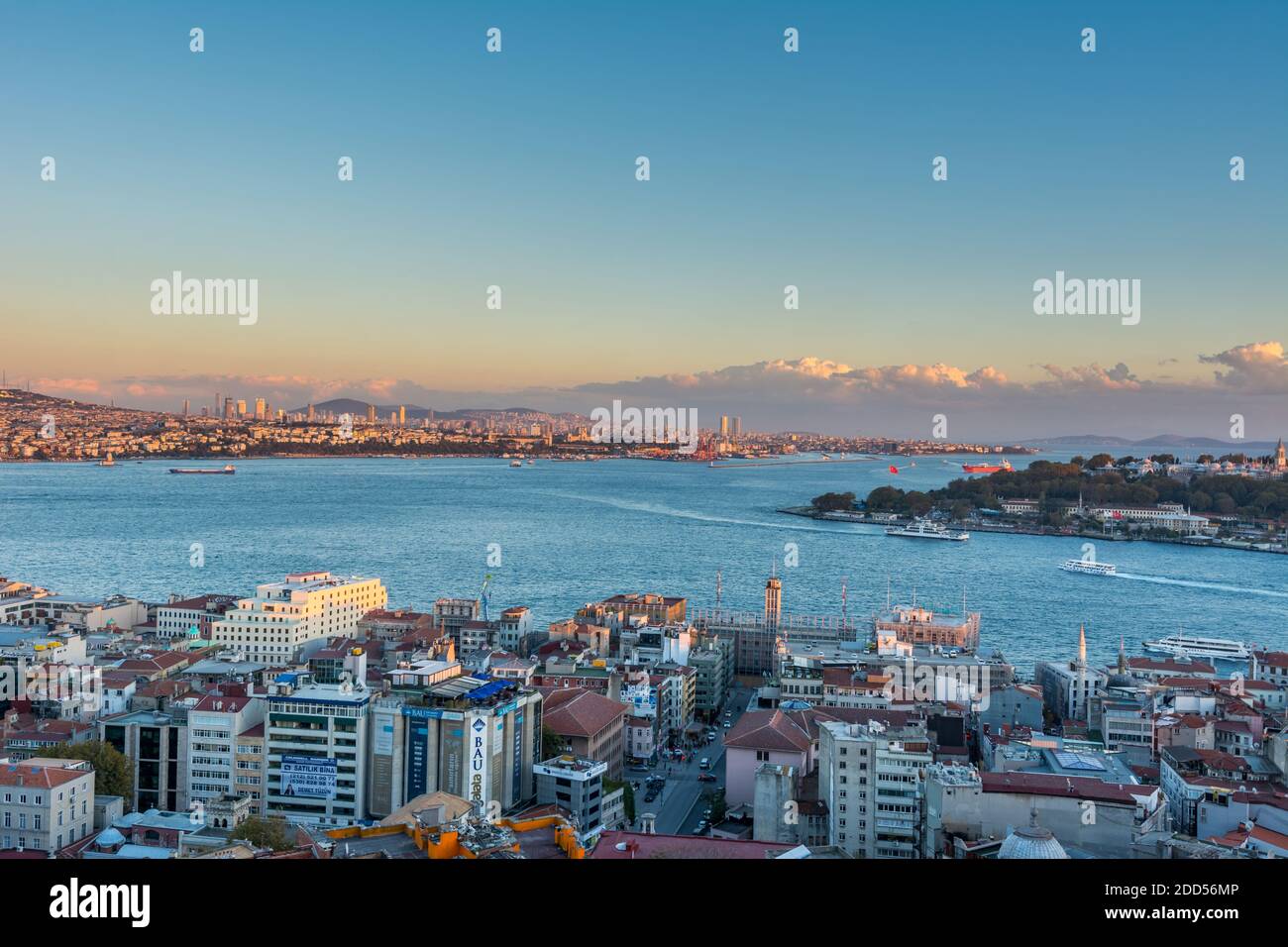 Aerial view of golden horn in the strait of Bosporus under sunset from ...