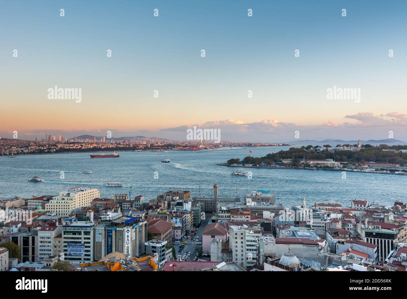 Aerial view of golden horn in the strait of Bosporus under sunset from ...