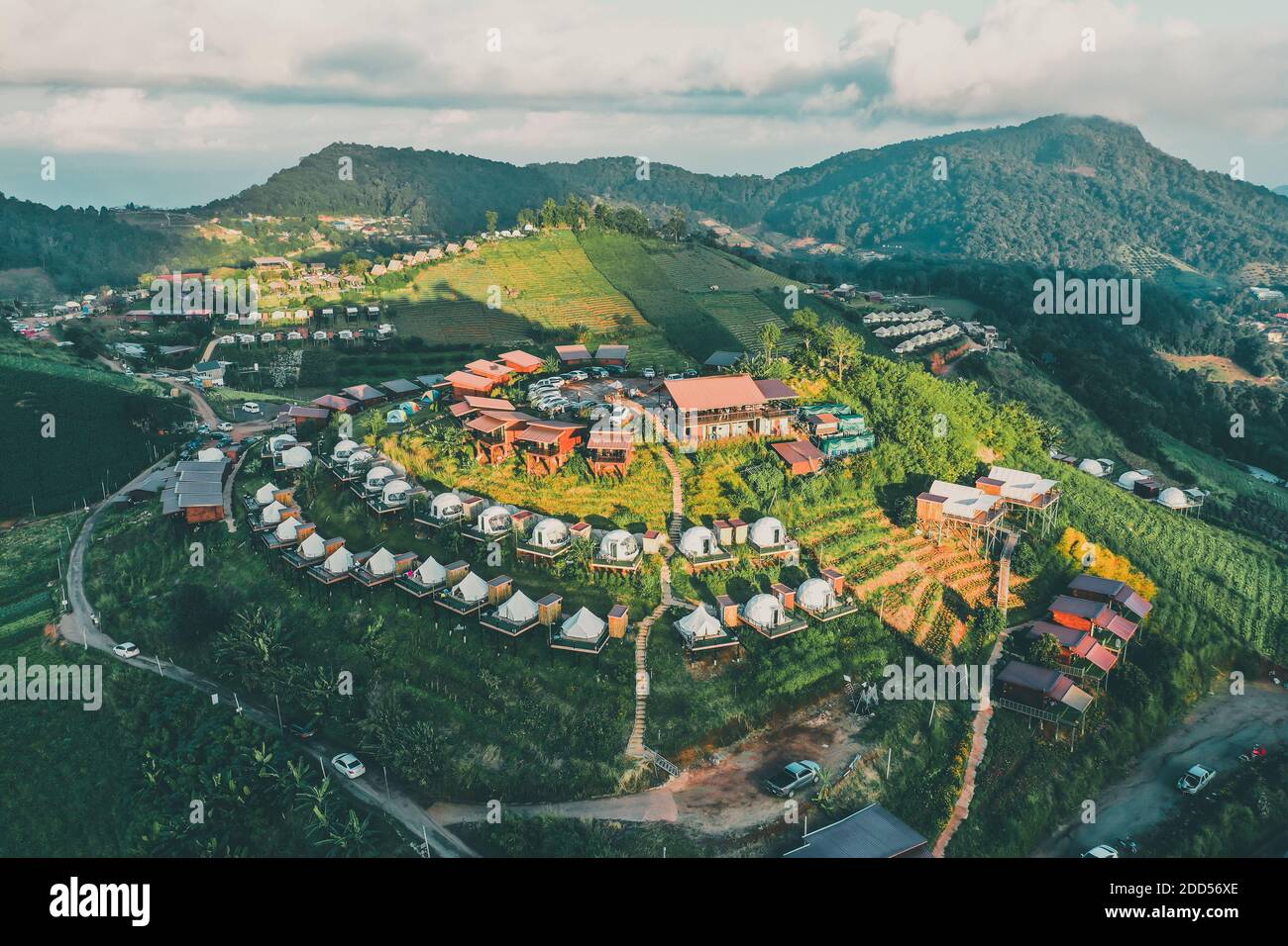 Aerial view of camping grounds and tents on Doi Mon Cham mountain in ...