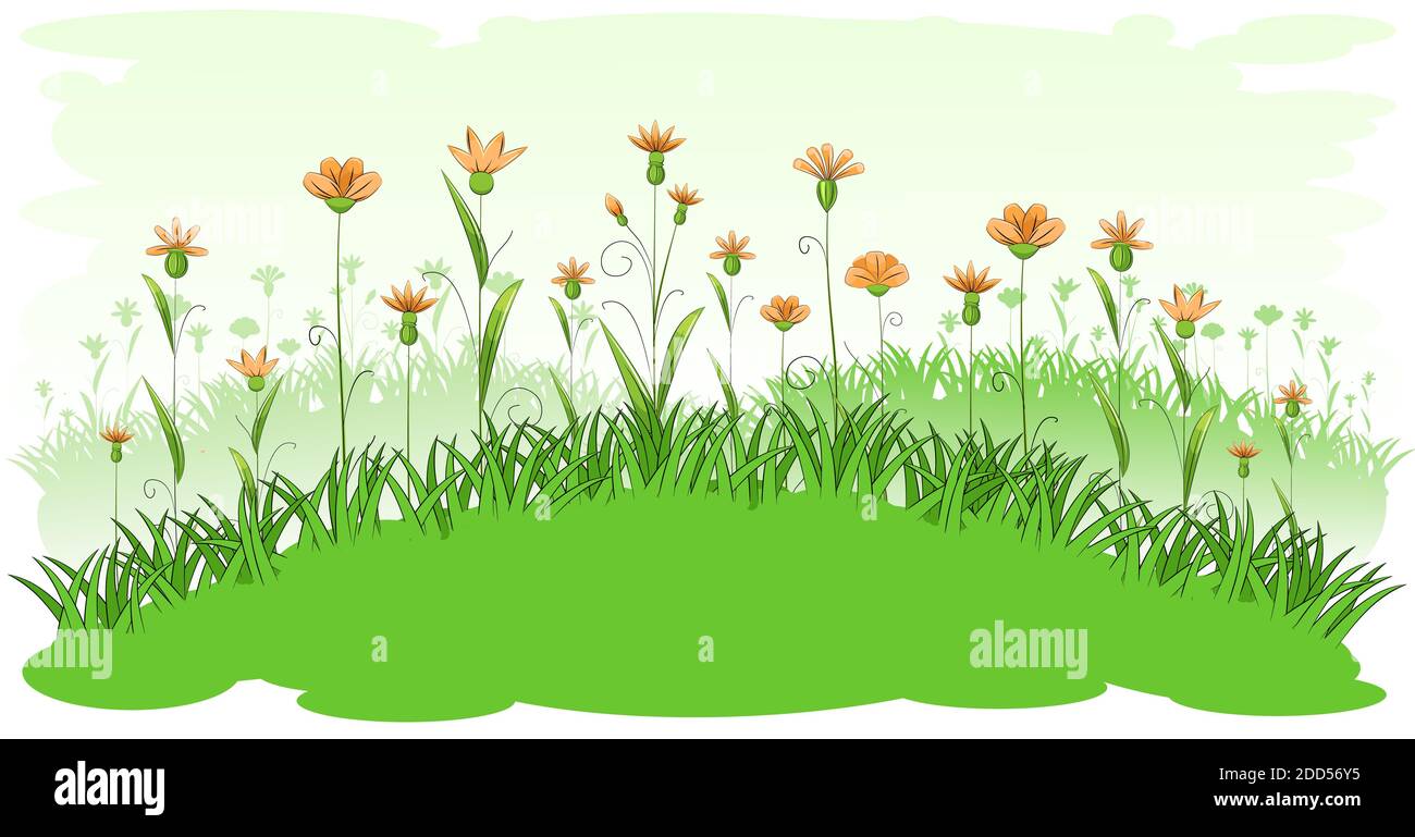 Blooming meadow with grass and flowers. Cartoon just style. Isolated on ...