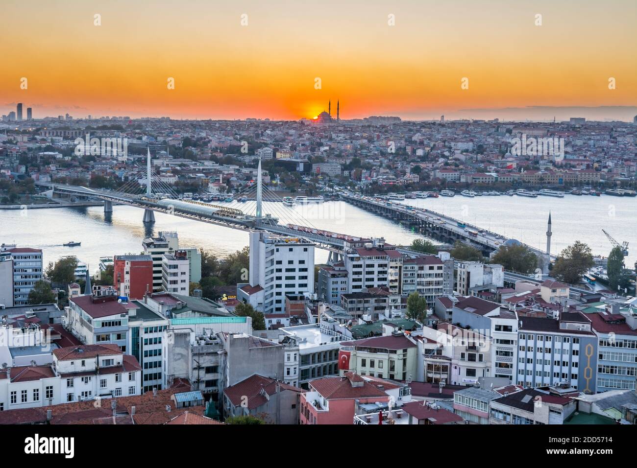 Aerial view of golden horn in the strait of Bosporus under sunset from ...