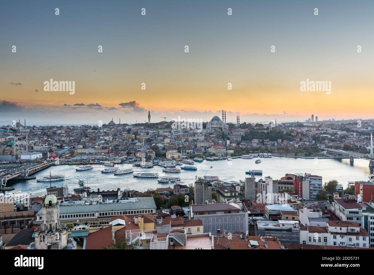 Aerial view of golden horn in the strait of Bosporus under sunset from ...
