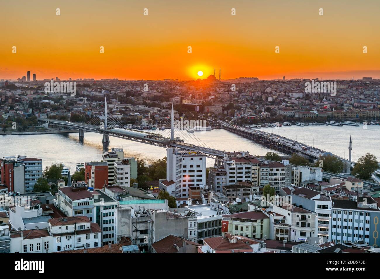 Aerial view of golden horn in the strait of Bosporus under sunset from ...