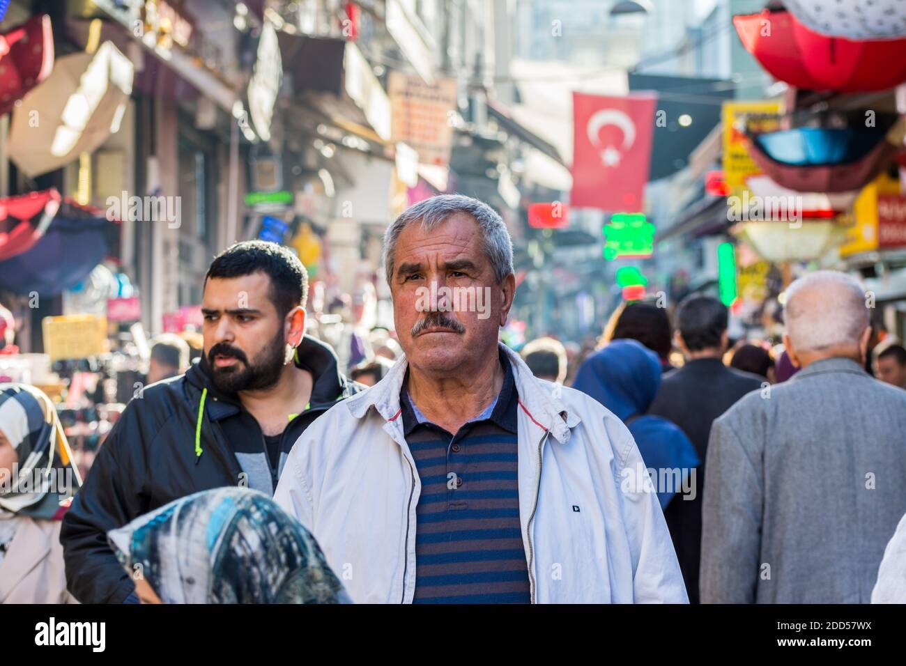 Crowd of people walking in the grand bazaar in Istanbul, Turkey, one of ...