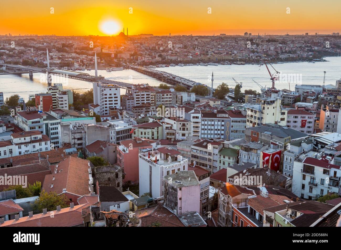 Aerial view of golden horn in the strait of Bosporus under sunset from ...