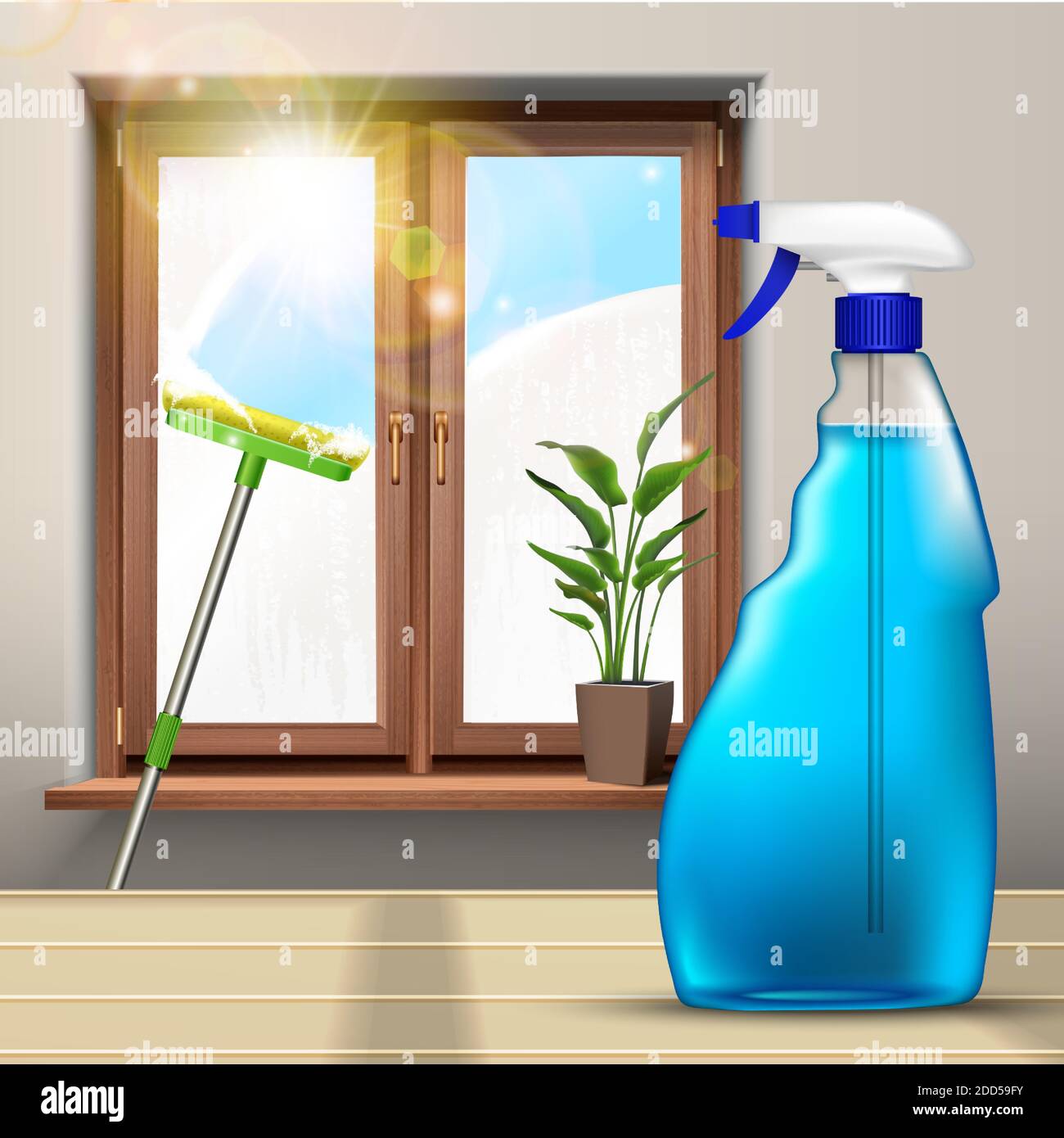 3d realistic vector washing of the windows background, with mop and ...
