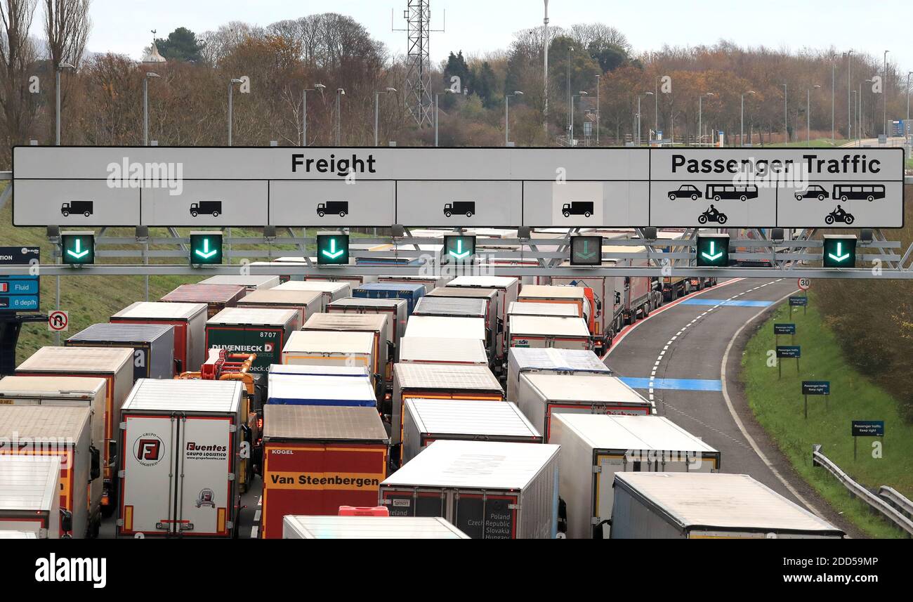 Freight lorries queueing along the M20 in Kent waiting to access the ...