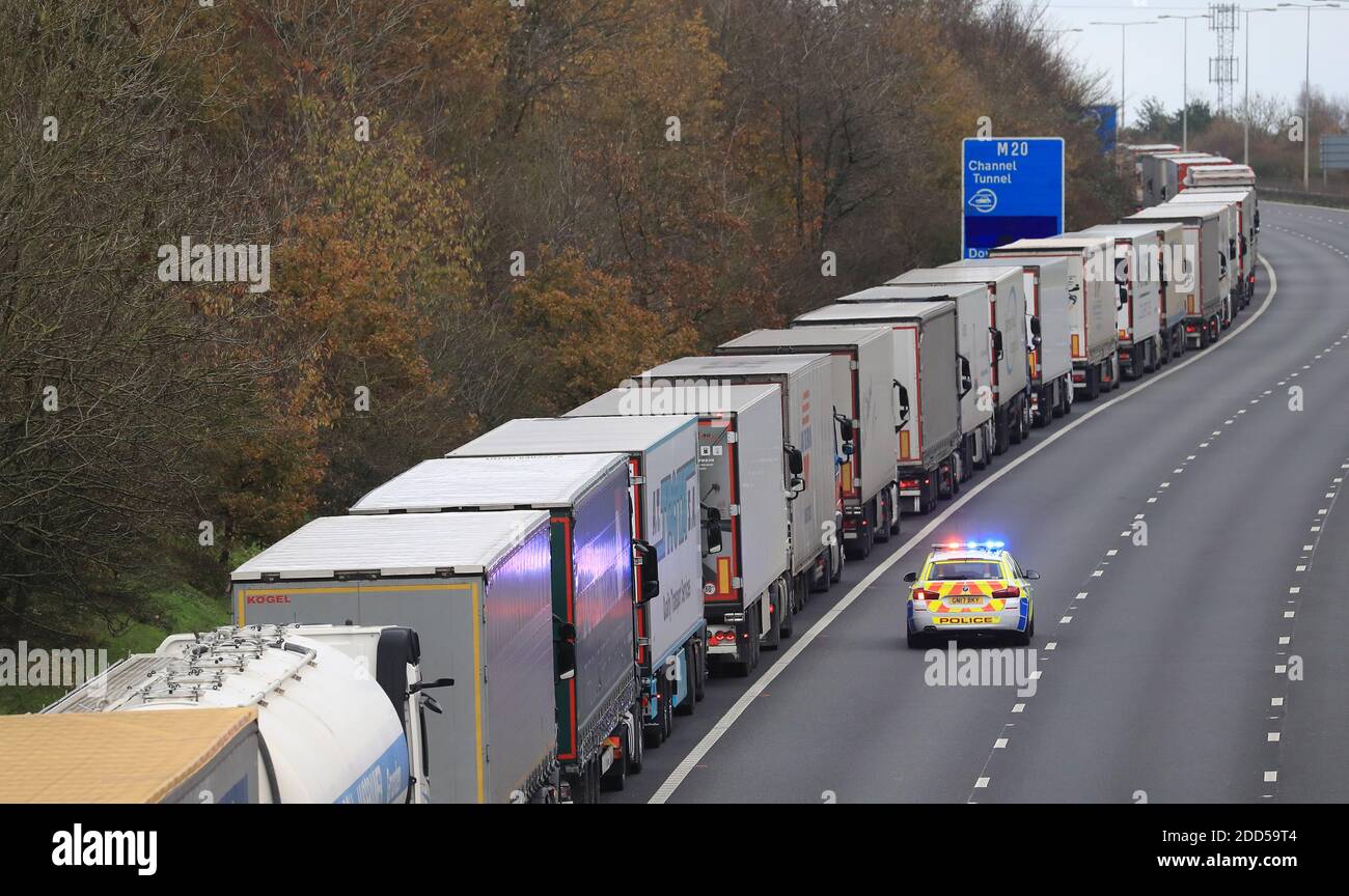 Freight lorries queueing along the M20 in Kent waiting to access the ...