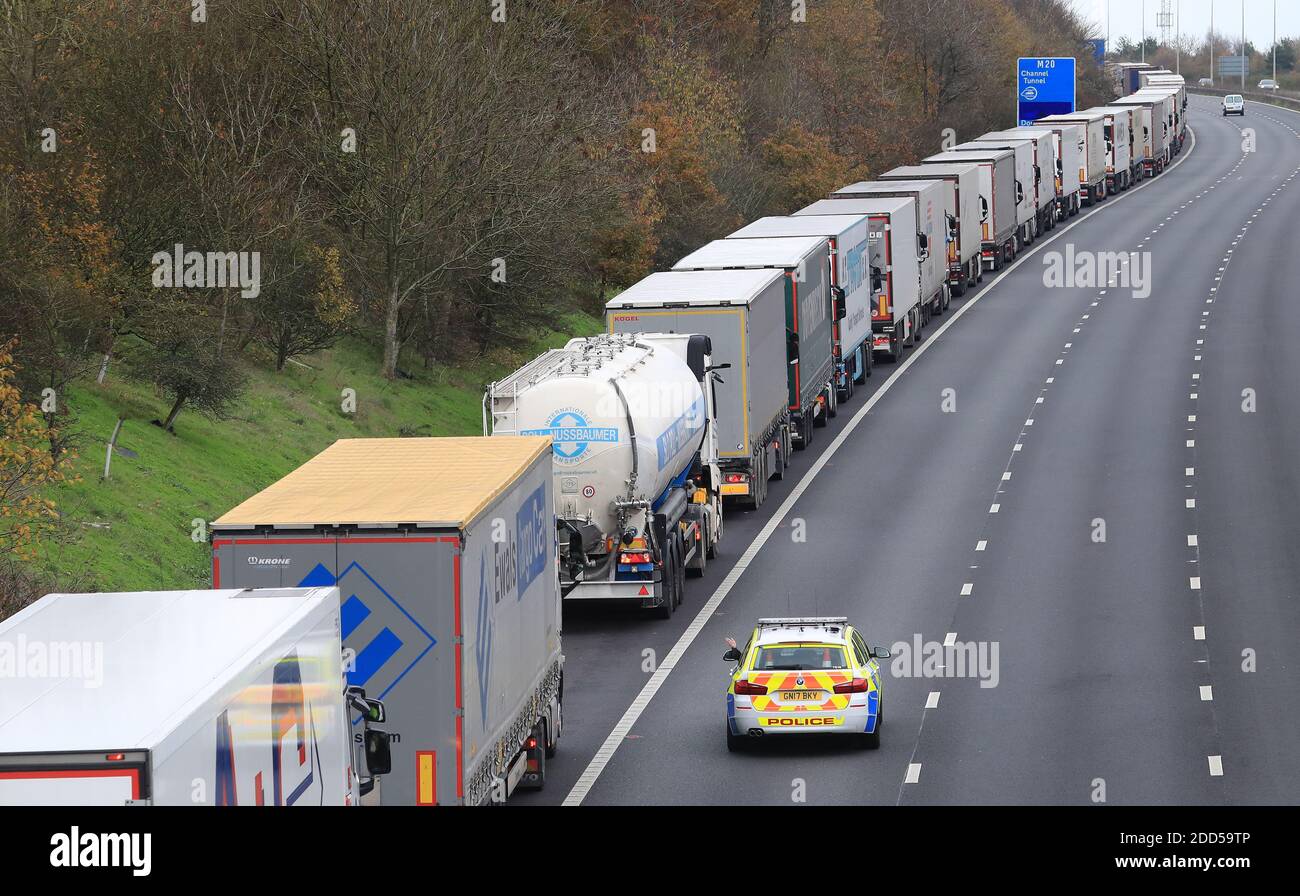 Freight lorries queueing along the M20 in Kent waiting to access the ...
