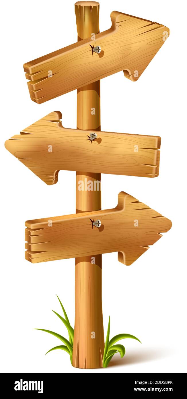 Vector cartoon wooden arrow sign with different angles showing directions, with rustic wood and ...
