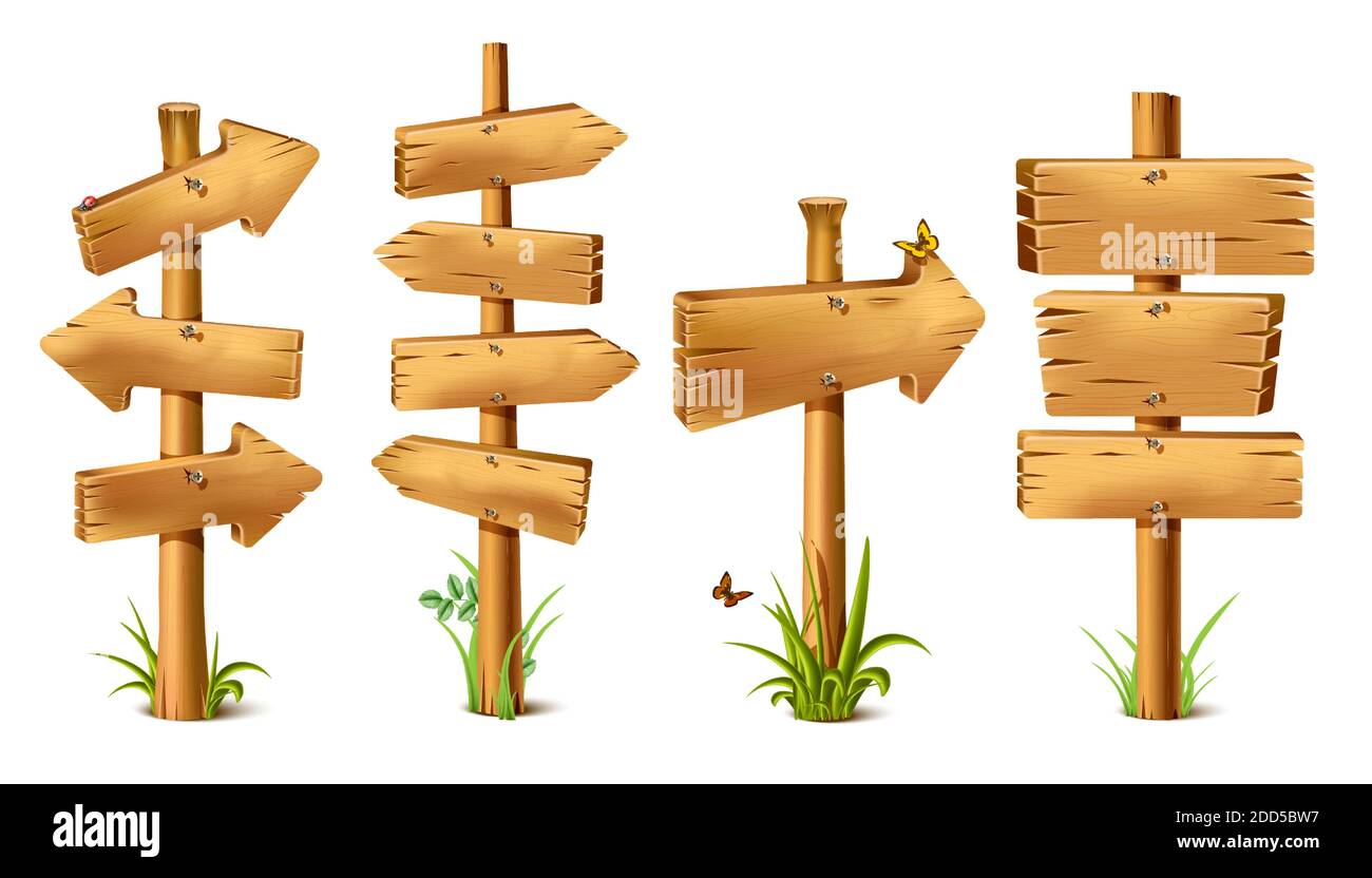 Vector cartoon wooden rustic sings in arrow of direction. Old, retro ...
