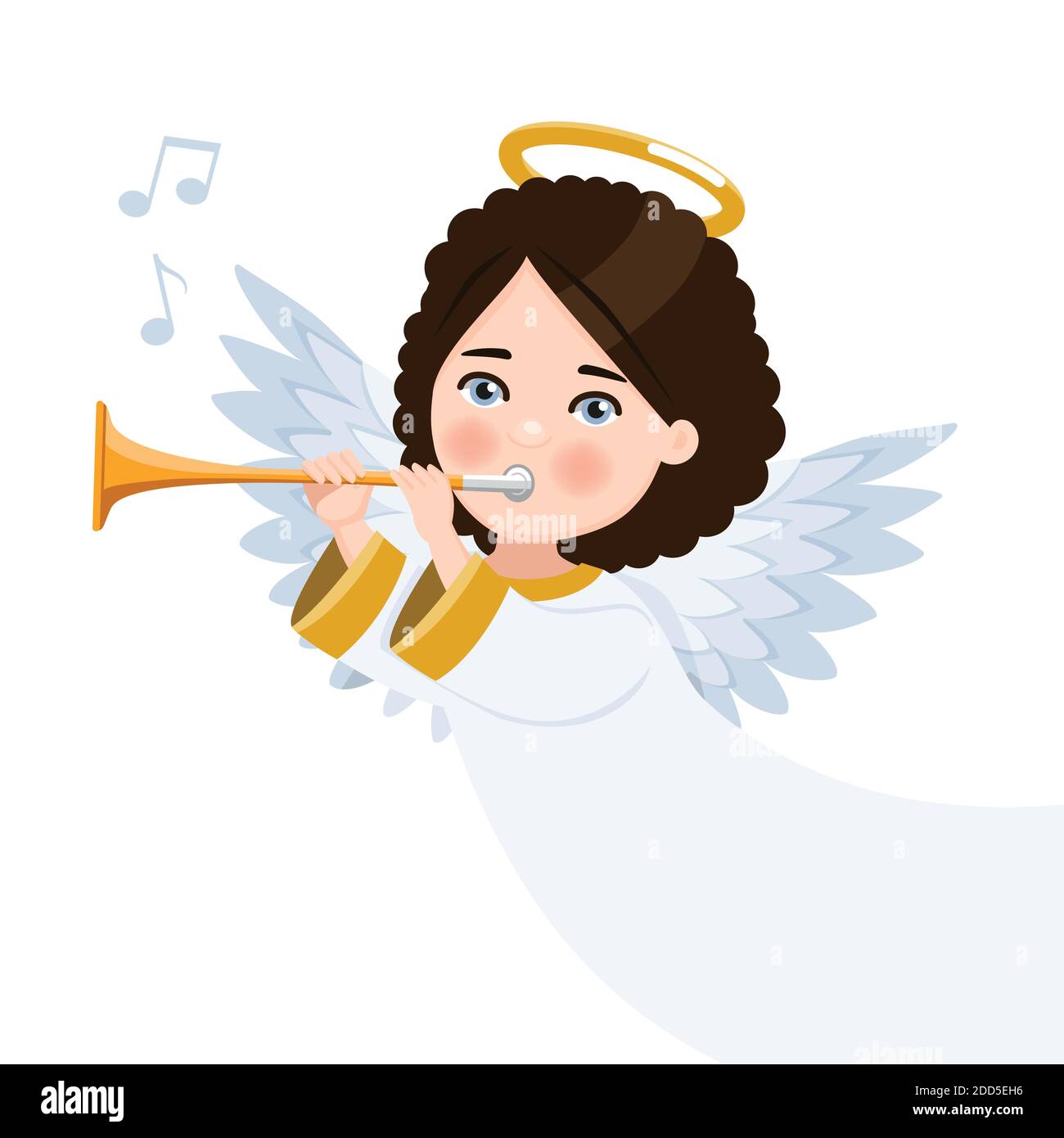 Foreground angel playing the trumpet on wihte background. Isolated flat ...
