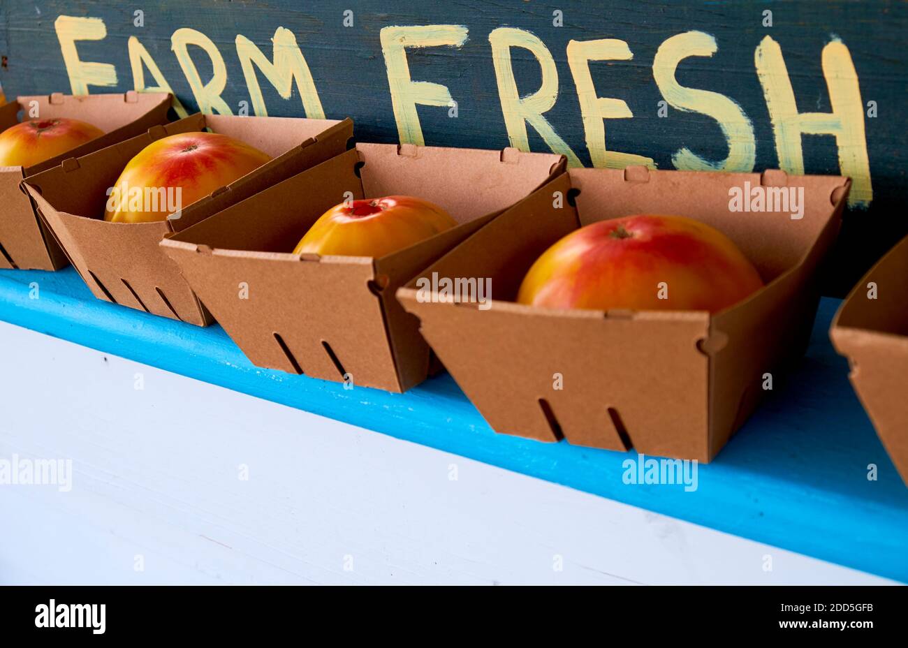 A handpainted sign saying Farm Fresh with huge, red, ripe tomatoes. At ...