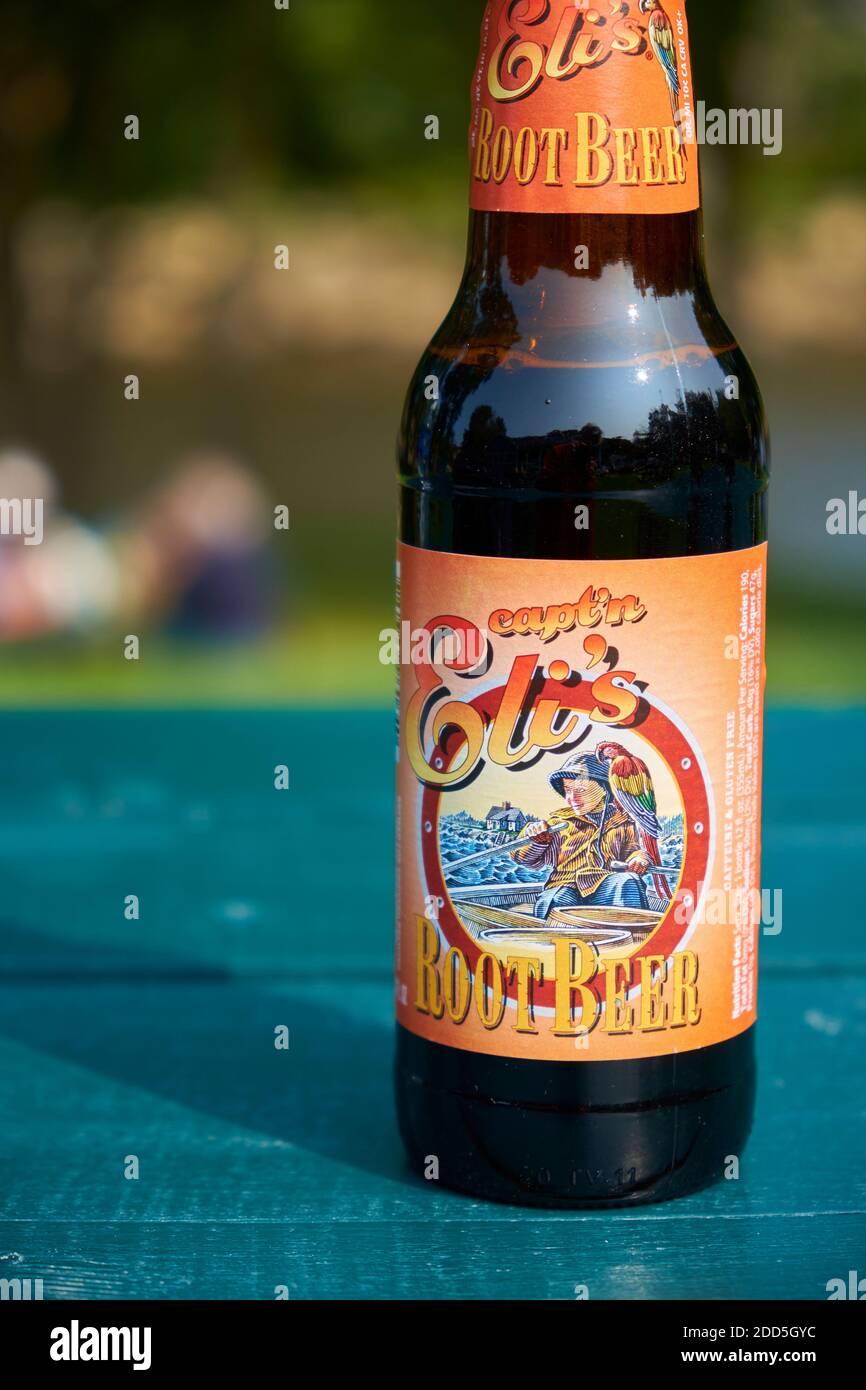 A close up of the Eli's Root Beer soda bottle label. Featuring a boy ...