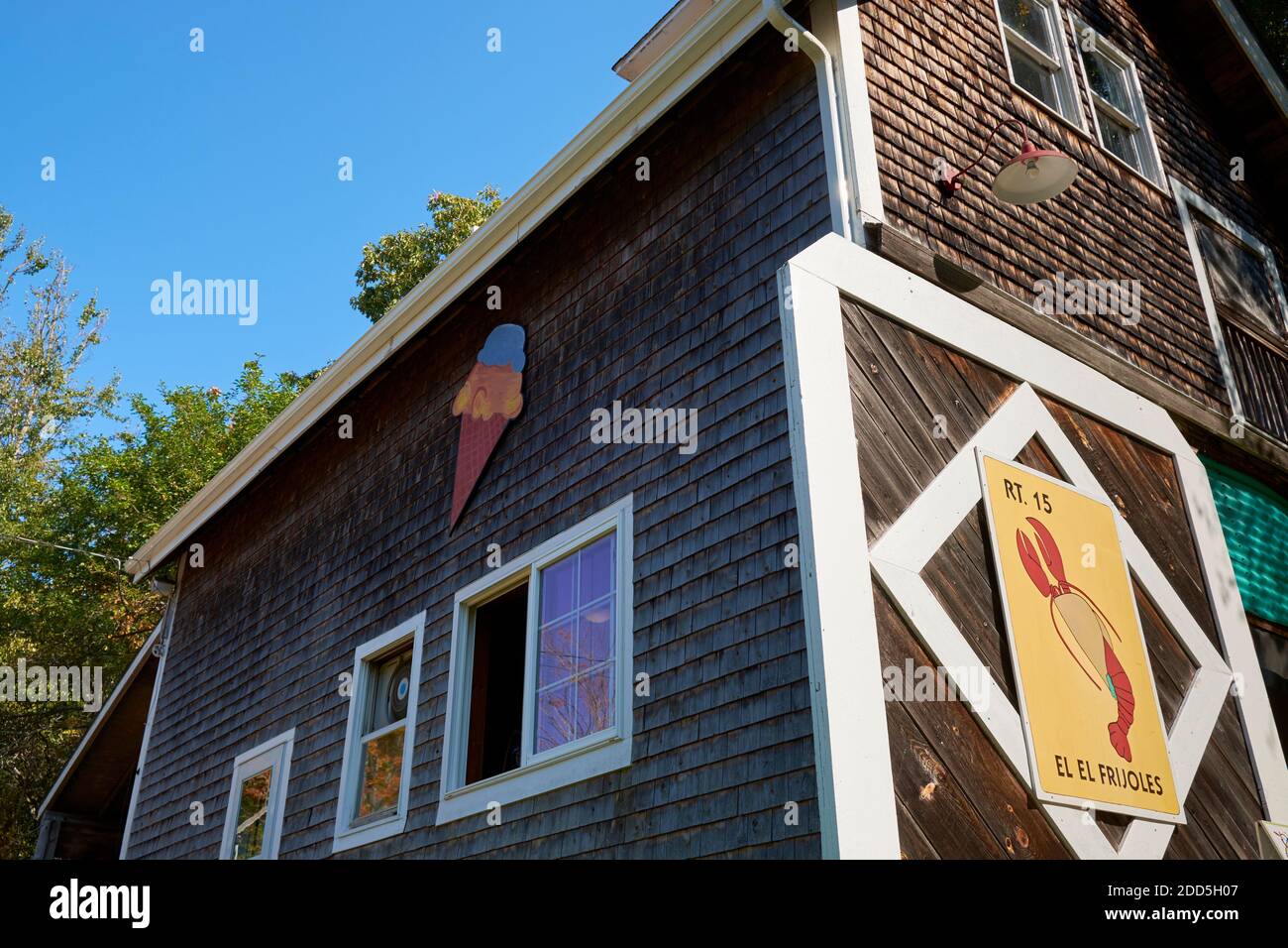 The sign on a classic cedar shingle barn for El El Frijoles, a Mexican ...