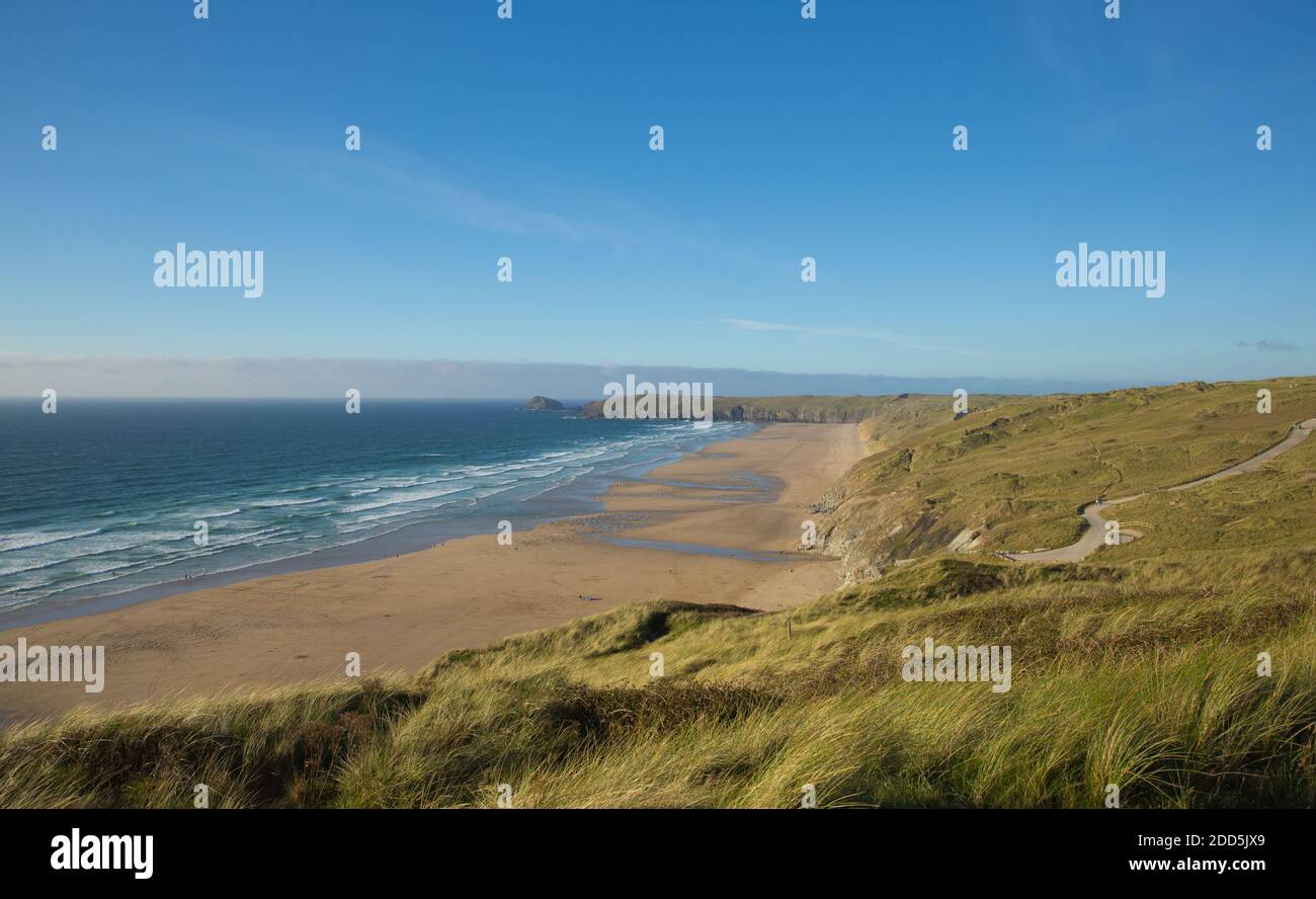 Perran Sands beach and dunes Perranporth Cornwall with coast path Stock ...