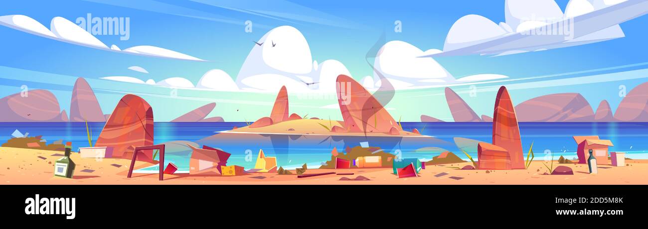 Ocean pollution, trash on beach. Dirty polluted seaside covered with ...