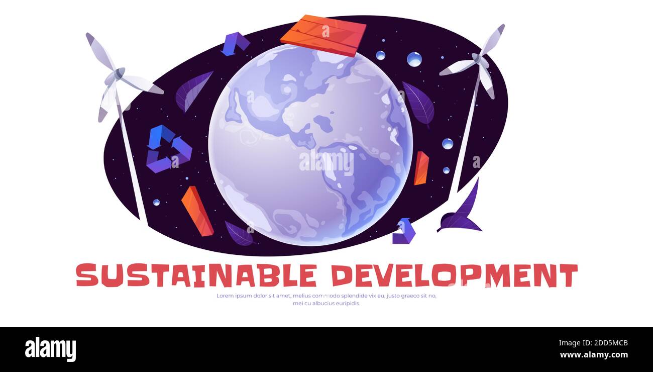 Sustainable development cartoon banner with earth globe, wind turbines ...