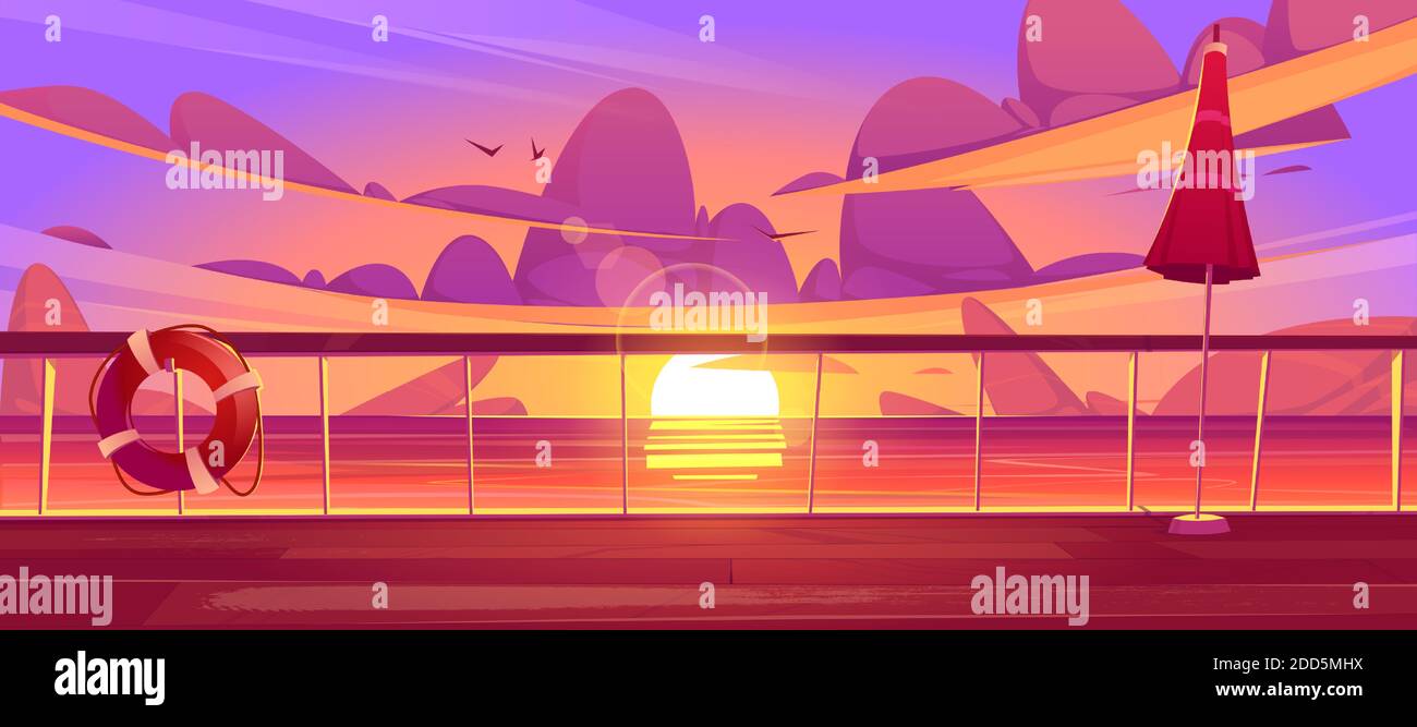 Cruise liner deck or quay on dusk seascape view, empty ship with glass ...