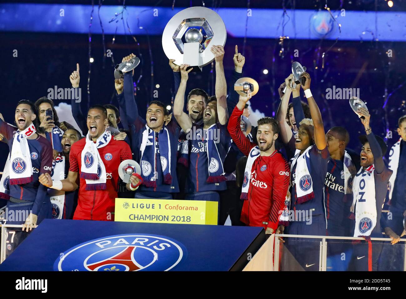 PSG's team receiving the Hexagonal Trophy for Champion of France after ...