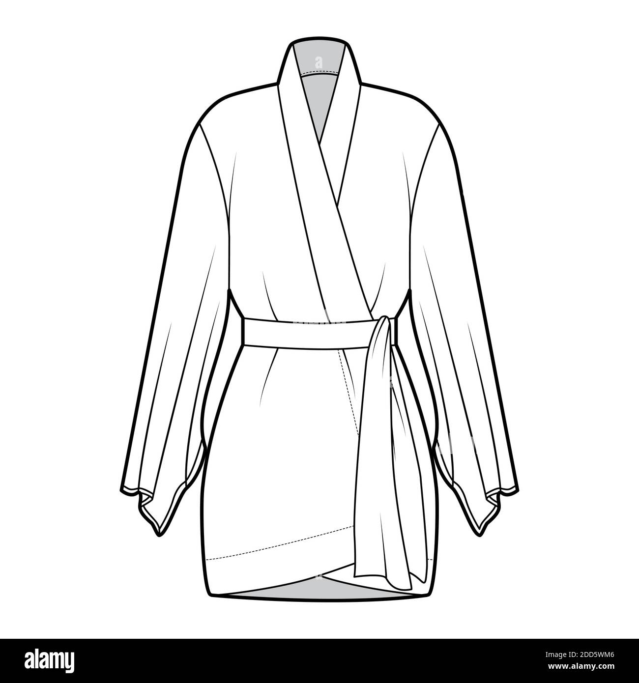 Kimono robe technical fashion illustration with long wide sleeves, belt ...