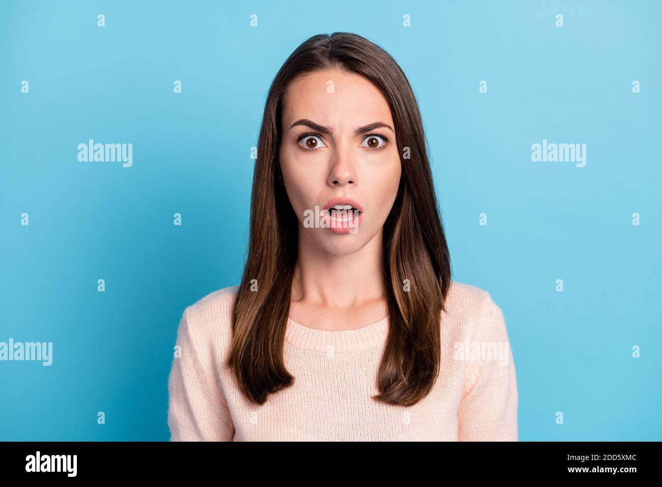 Portrait of disappointed lady feel astonished stare in camera isolated ...