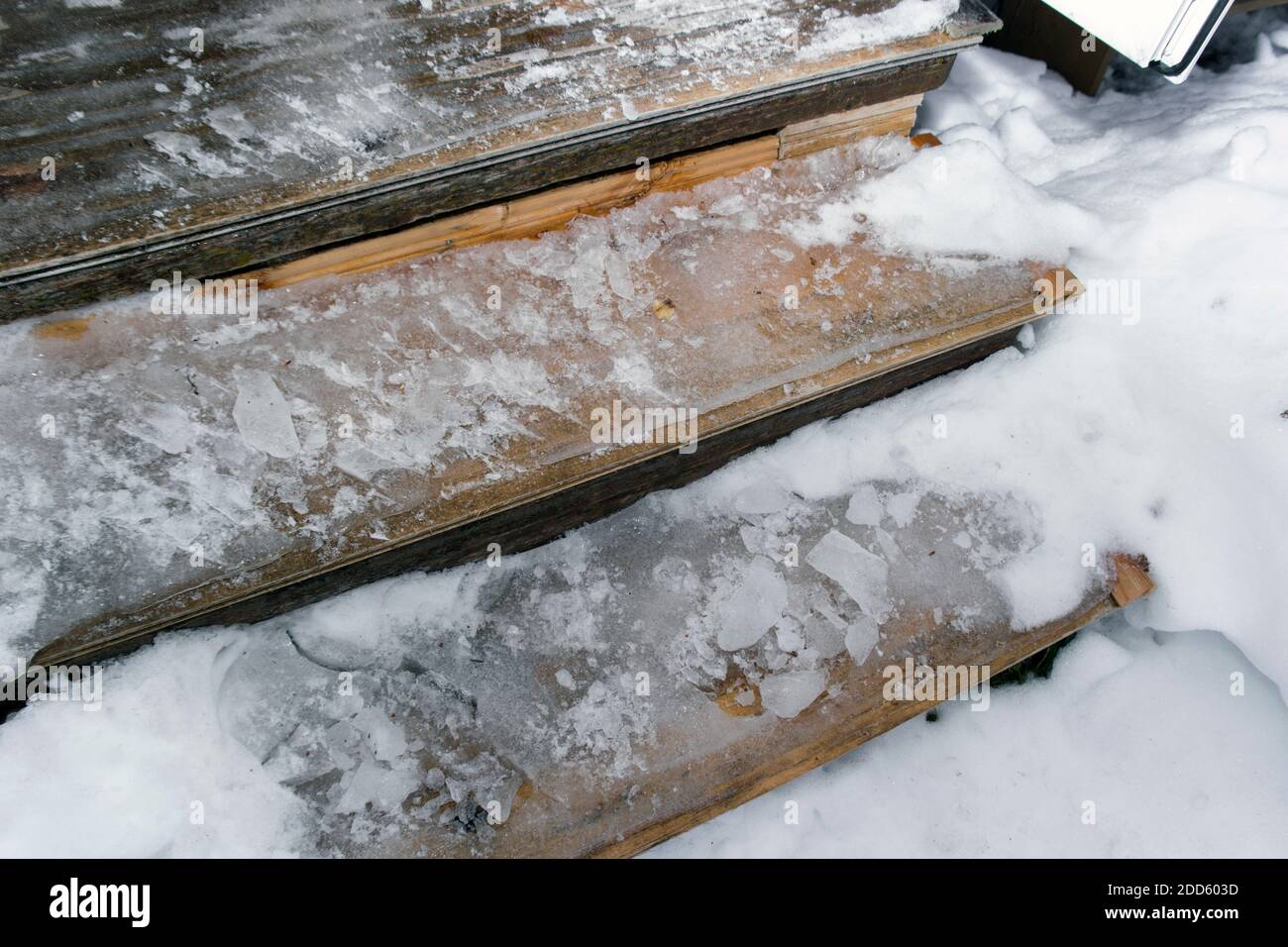 Slippery wooden steps covered with ice, outdoor close-up Stock Photo ...