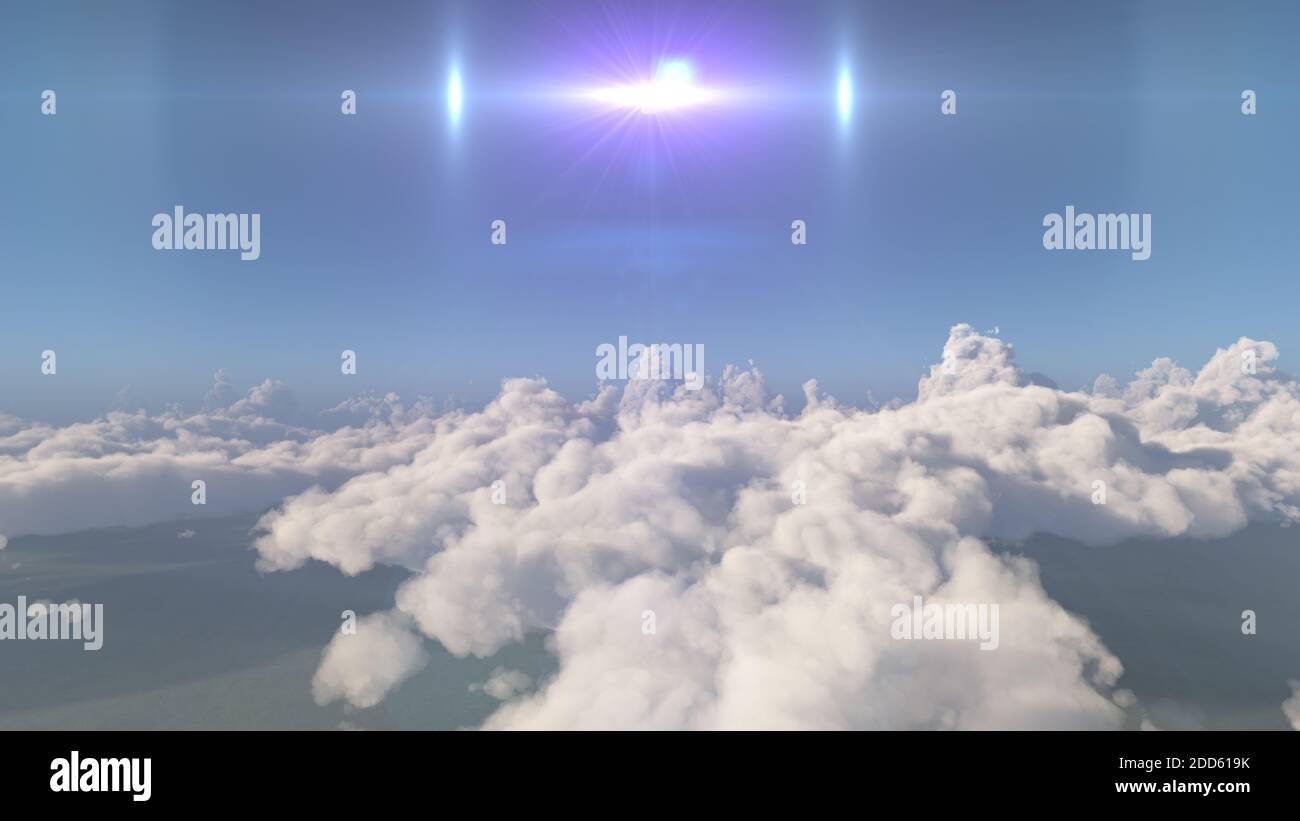 fly above big clouds landscape, 3d render illustration Stock Photo - Alamy