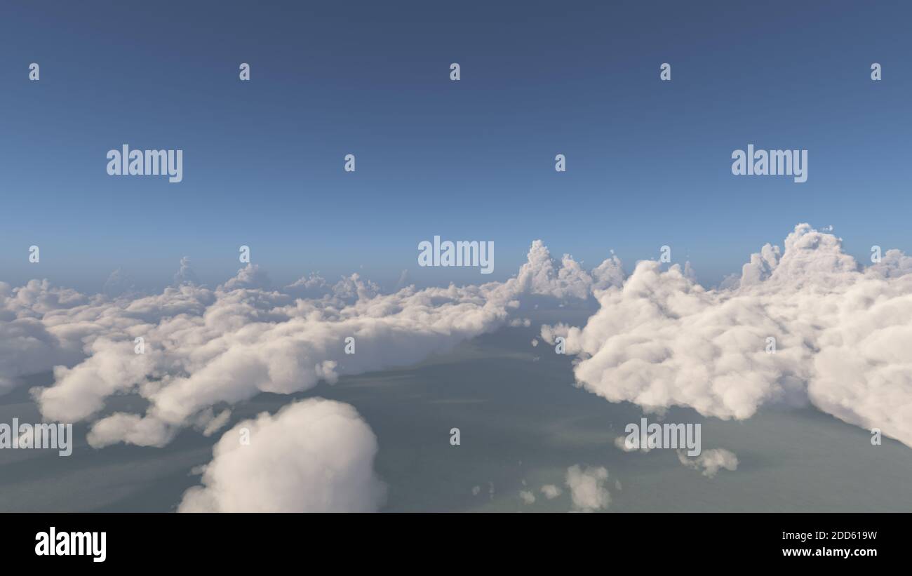 fly above big clouds landscape, 3d render illustration Stock Photo - Alamy