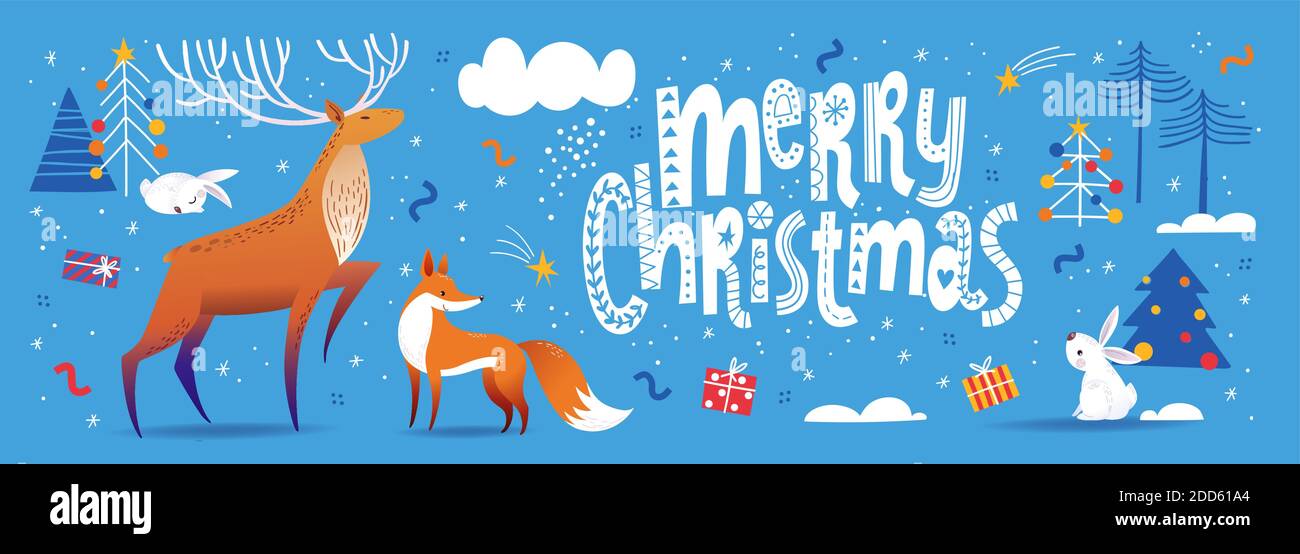 Merry Christmas social media banner in Scandic doodle style in blue ...