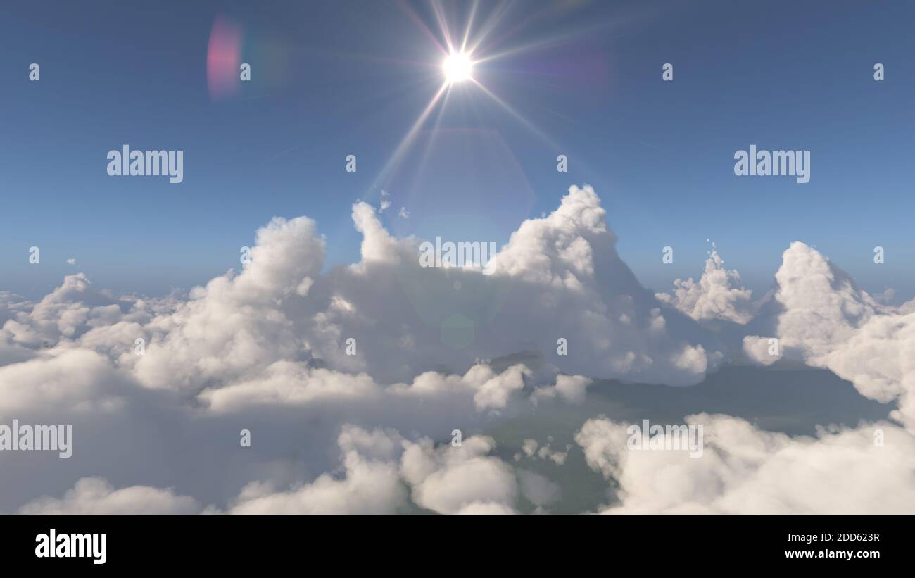 fly above big clouds landscape, 3d render illustration Stock Photo - Alamy