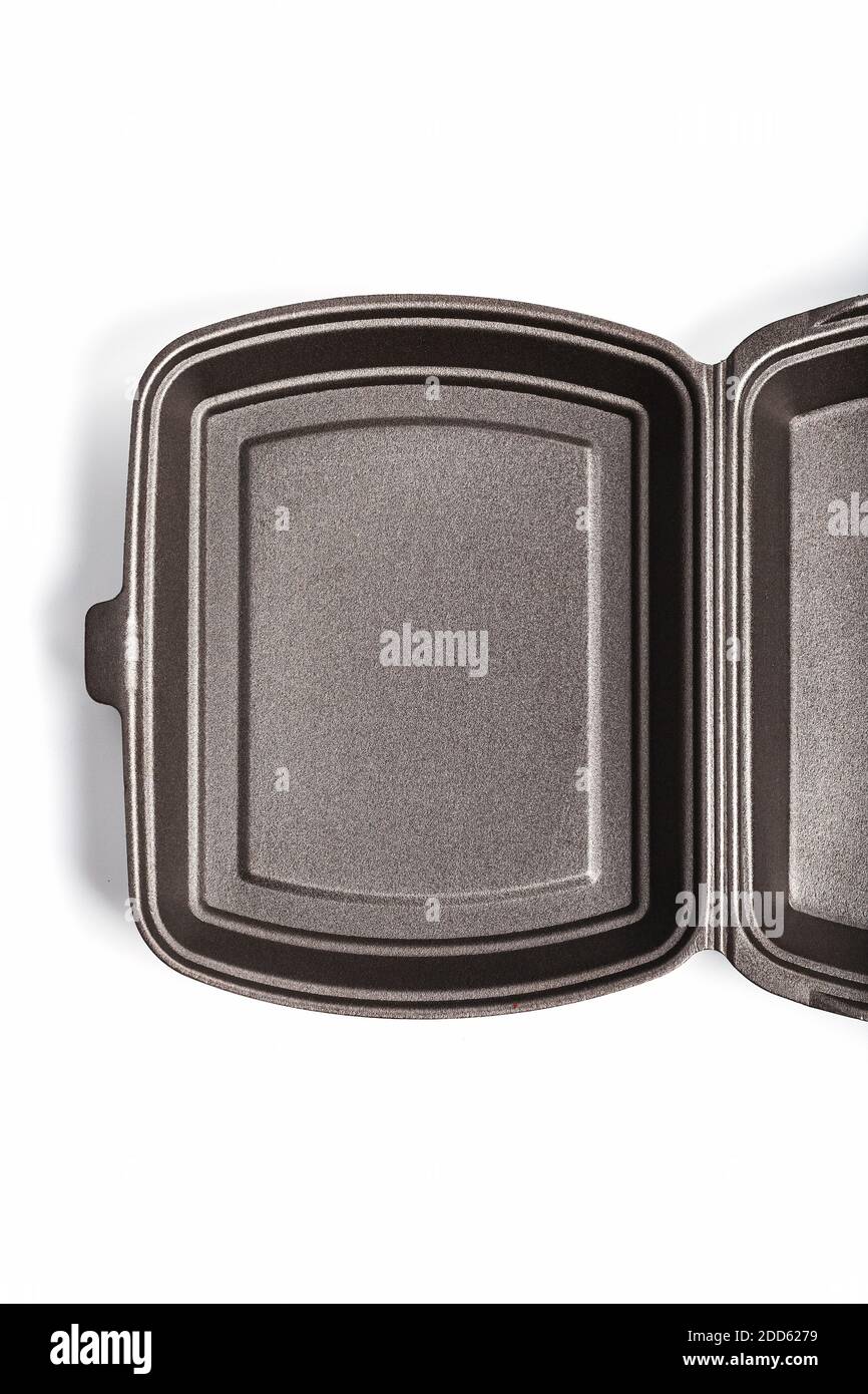 Opened Lunch Box disposable, black for food delivery service on a white ...