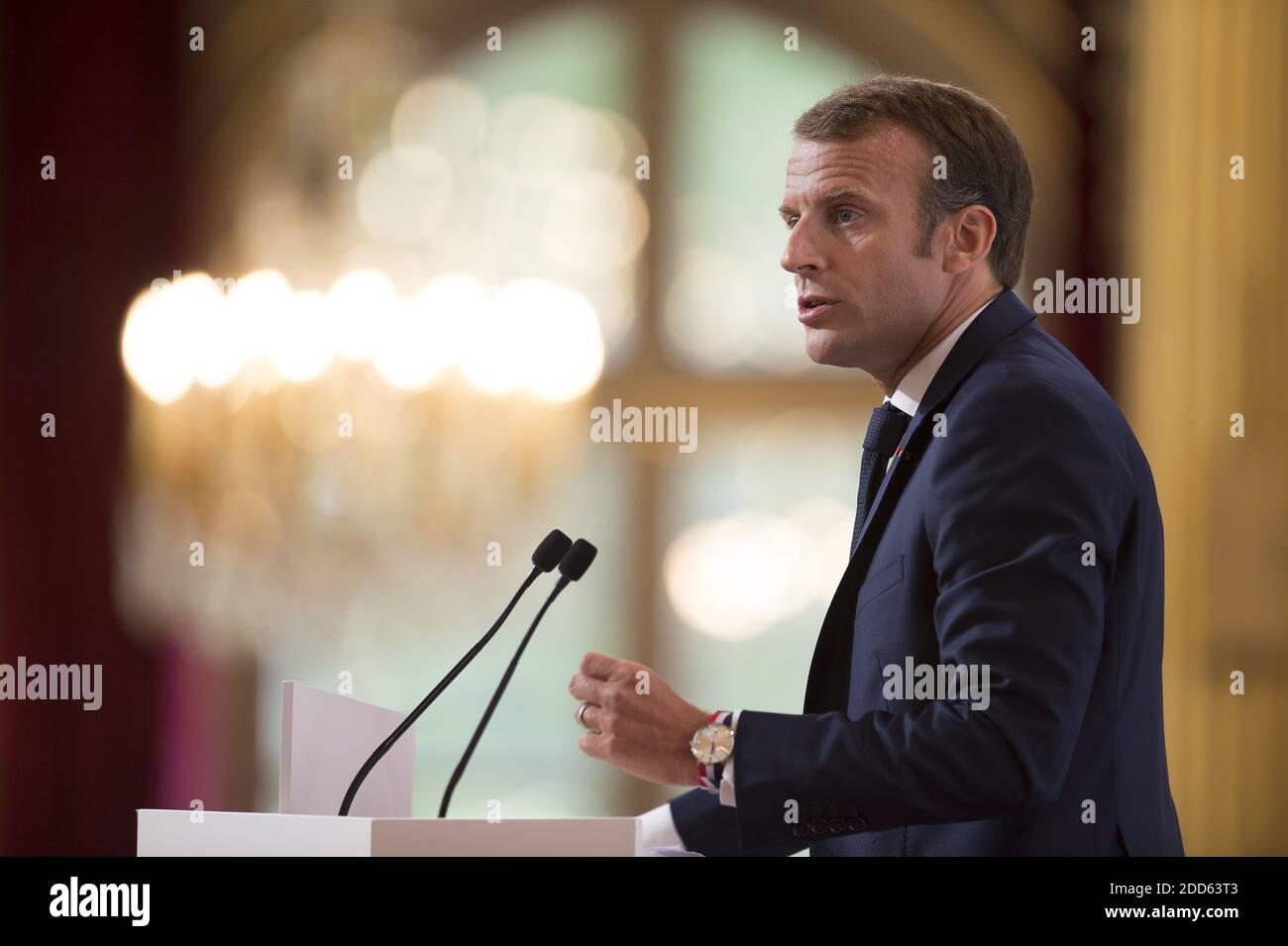 French President Emmanuel Macron delivers a speech during the annual ...