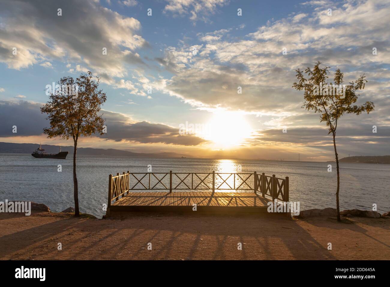 View of wooden railing and viewing terrace at the seaside, Turkey Stock ...