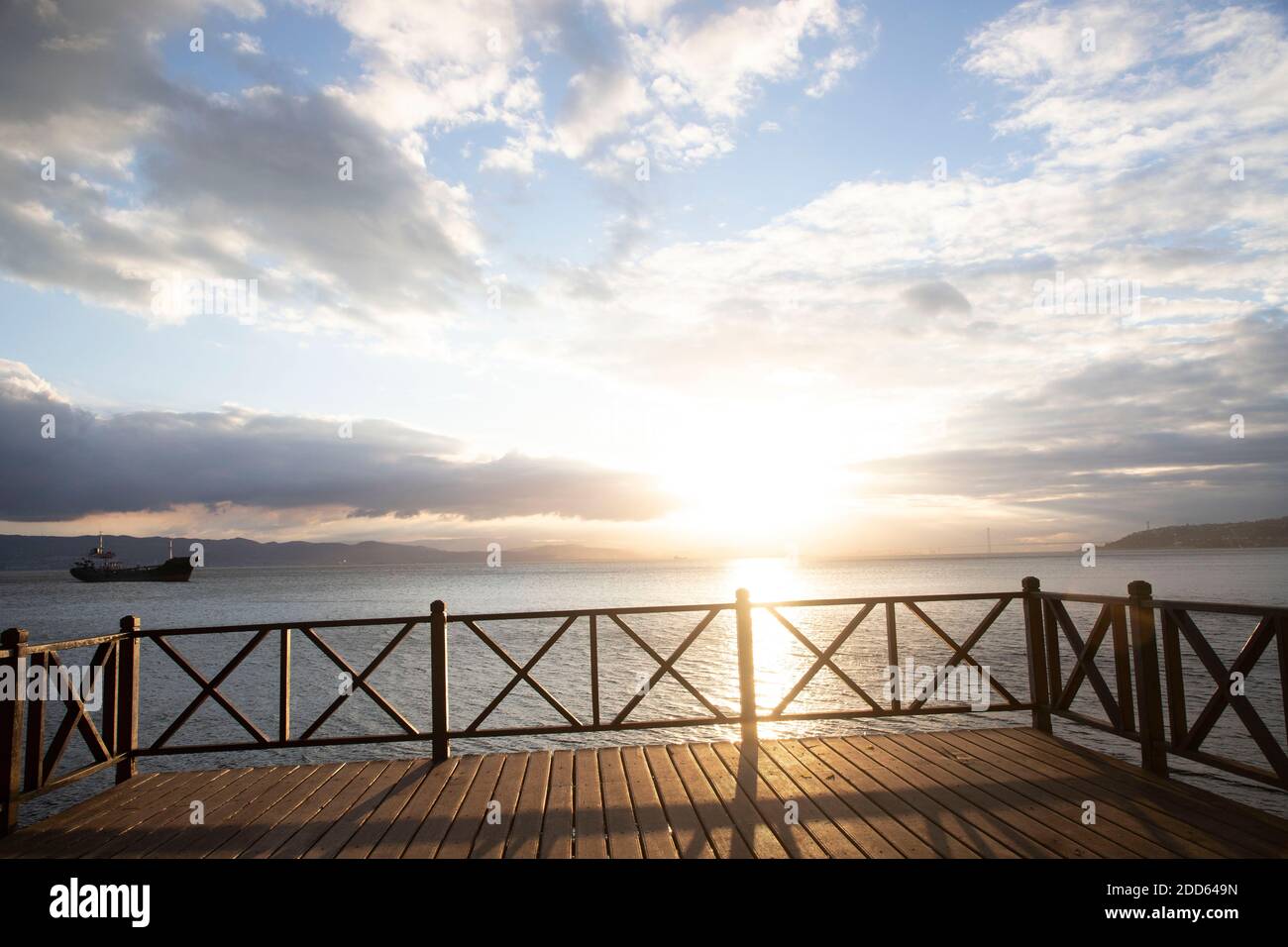 View of wooden railing and viewing terrace at the seaside, Turkey Stock ...