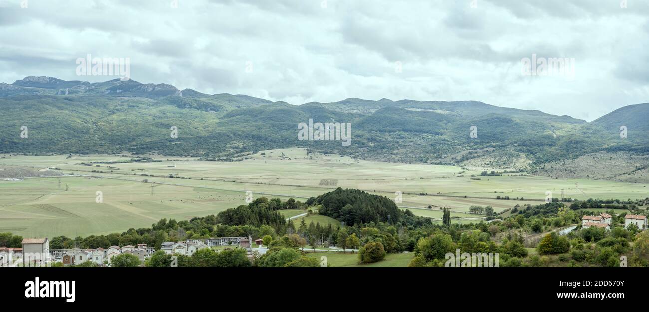 aerial landscape with green upland valley and Secine ridge slopes, shot ...