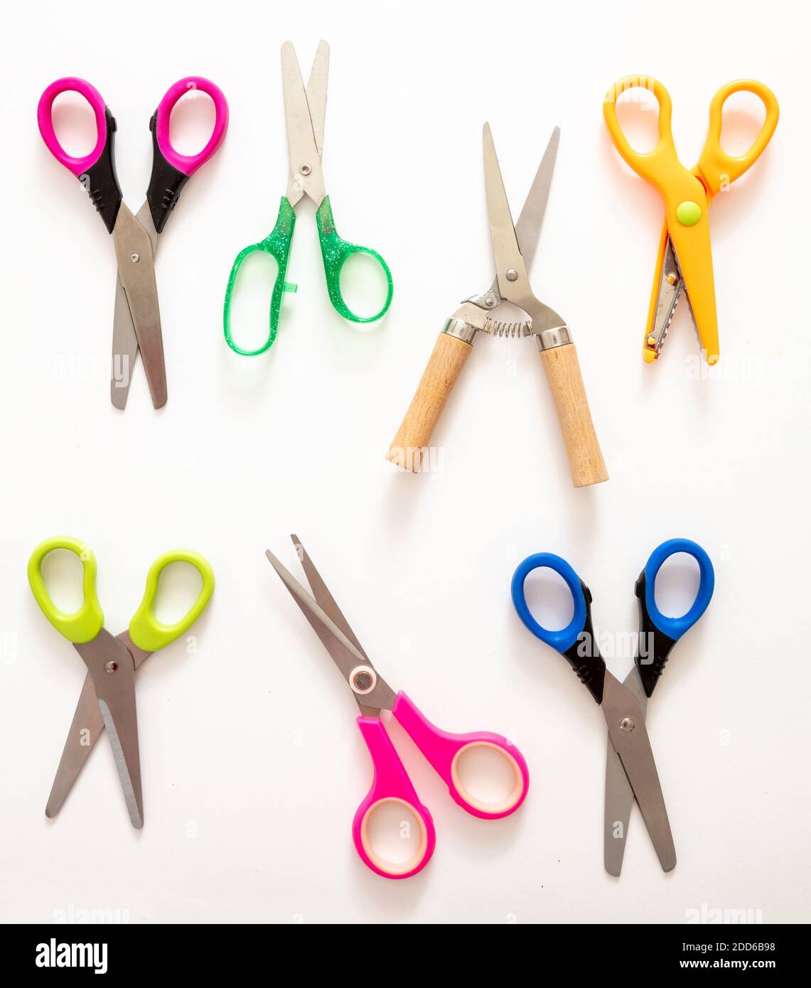 Scissors set flat lay on white background, School preschool supplies ...
