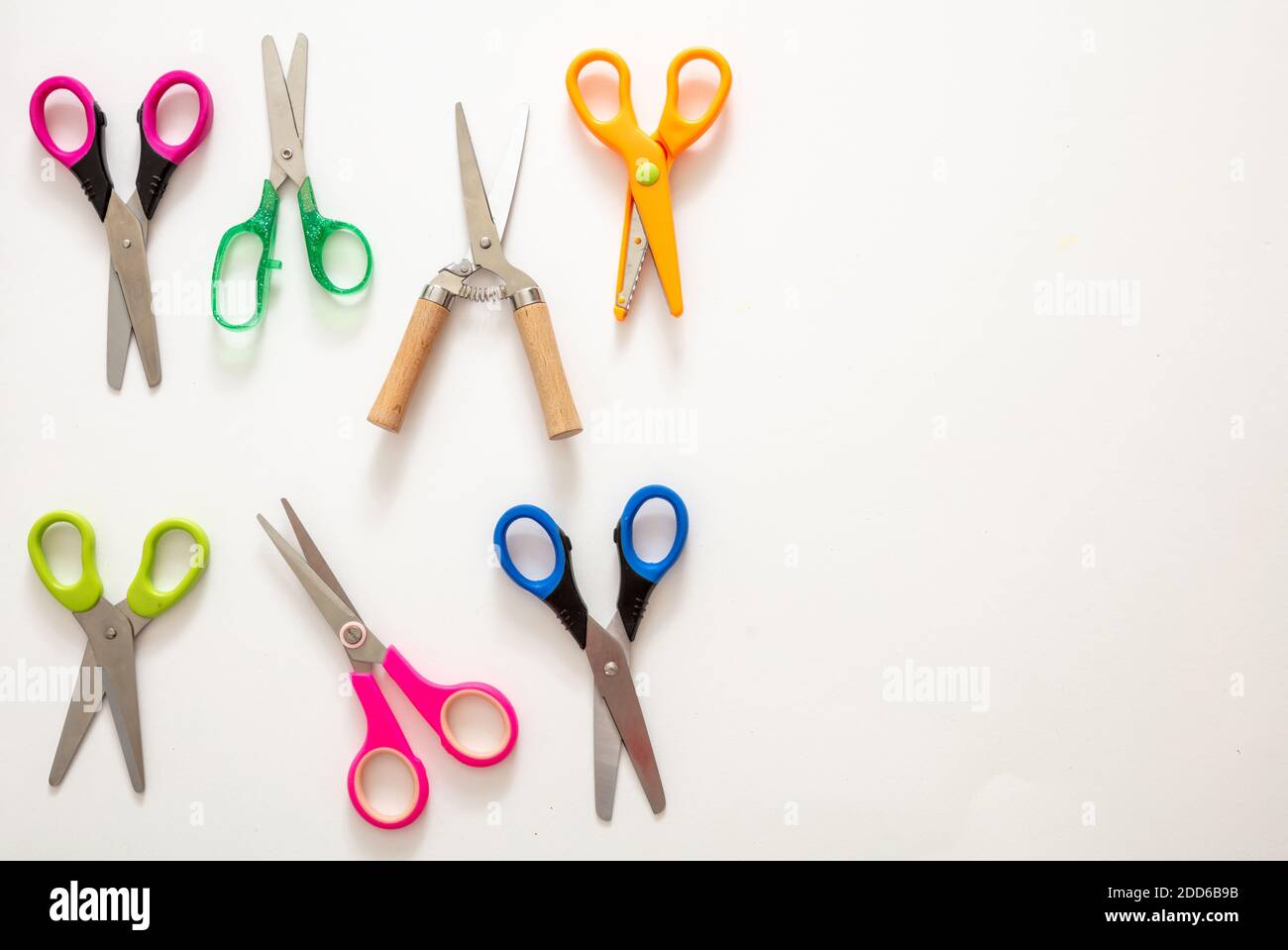 Scissors set flat lay on white background, School preschool supplies ...