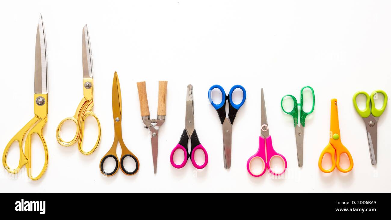 Scissors set on white background, Kids school or office supplies ...