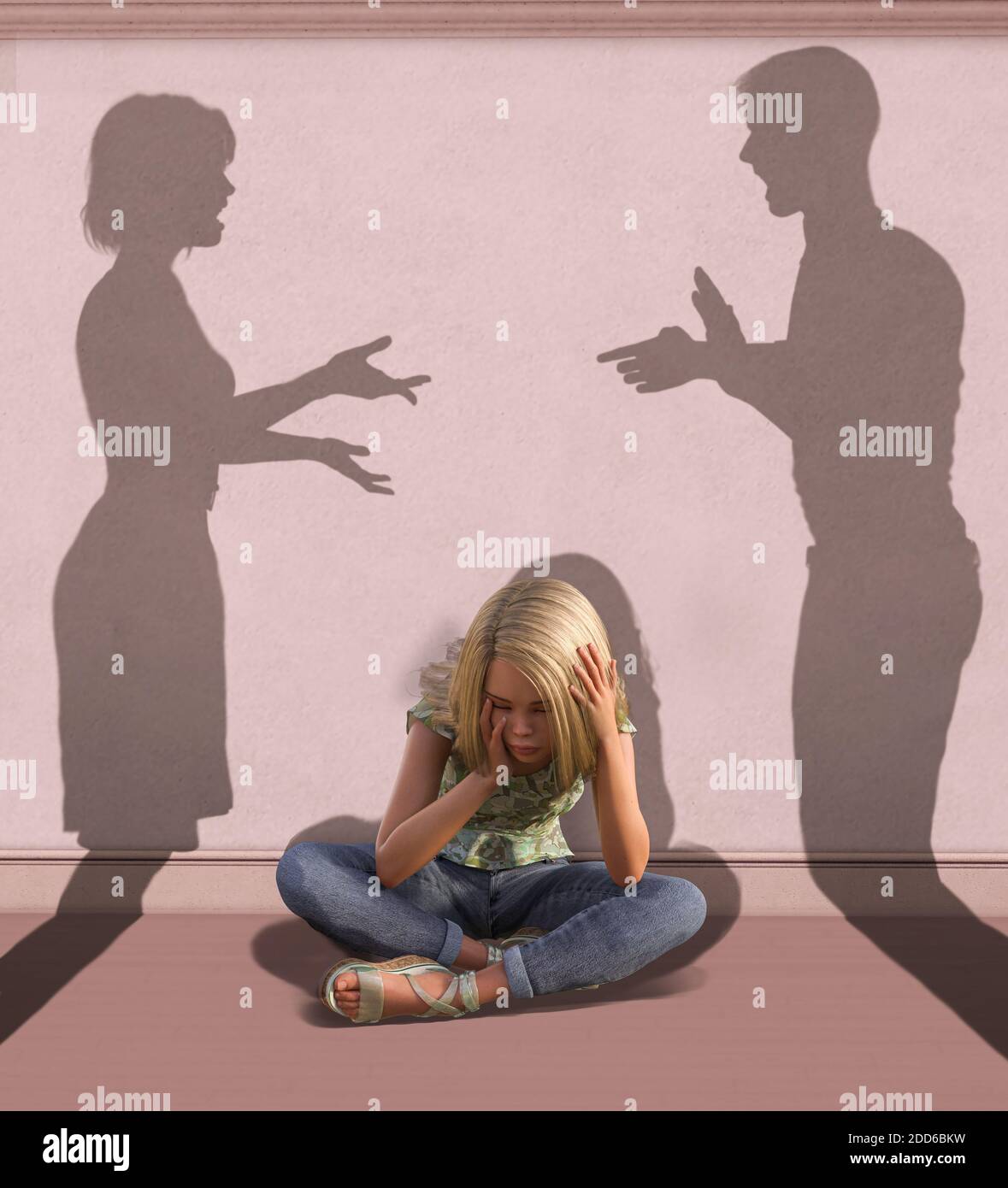 Child stuck in between the shadows of her parents fighting, concept of ...