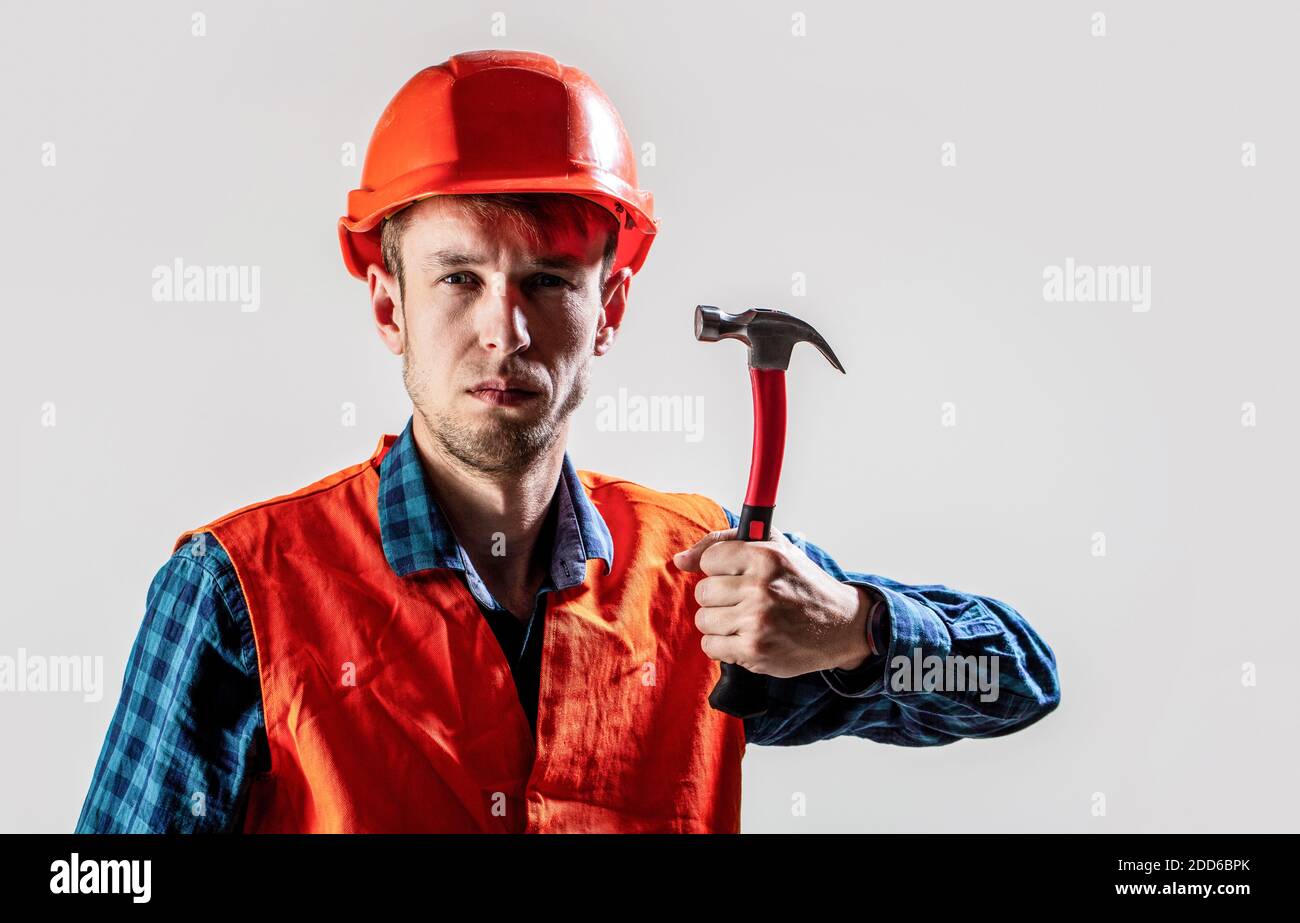 Man builder isolated on white background. Hammer hammering. Builder in ...