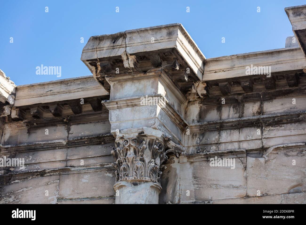 Athens Greece. Hadrians library stone facade column detail, blue sky ...